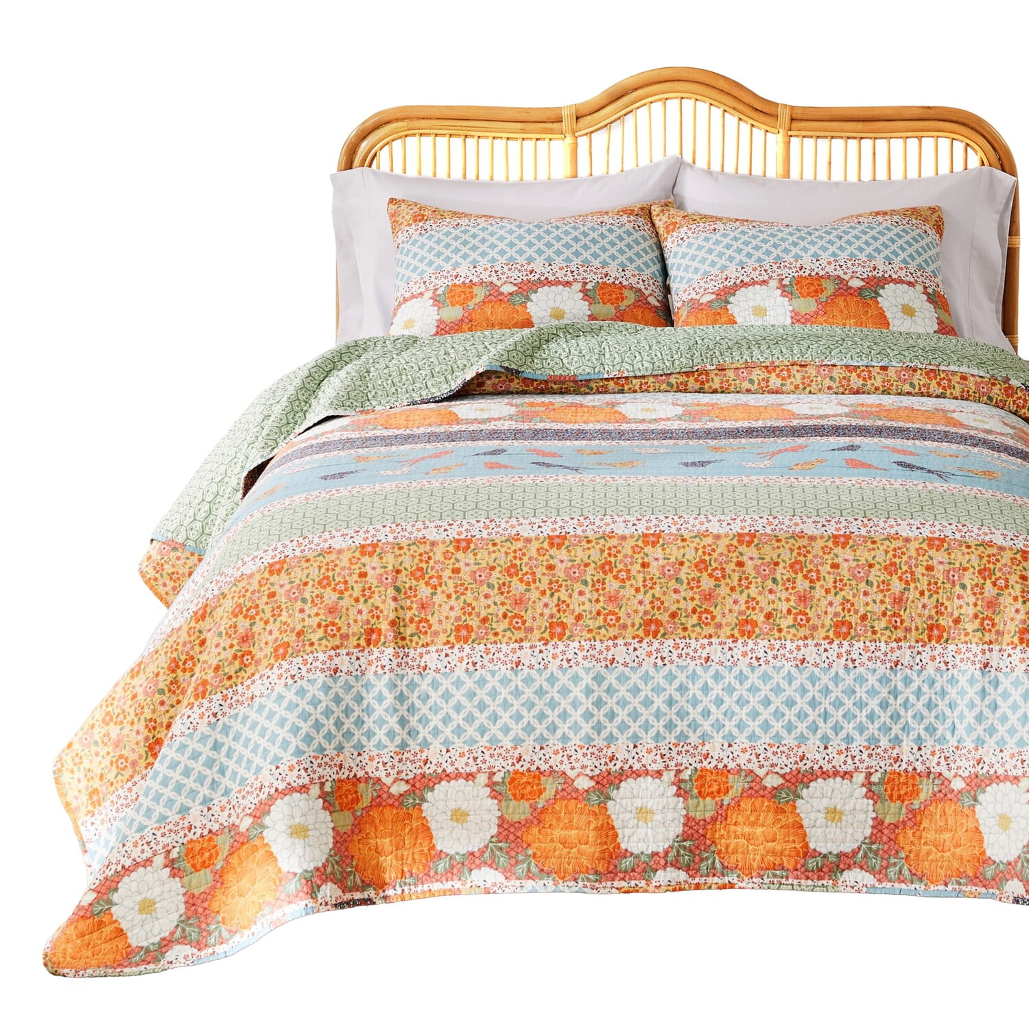 Benjara Nite 3pc Full/Queen Quilt Set, Calico Floral and Songbird ...