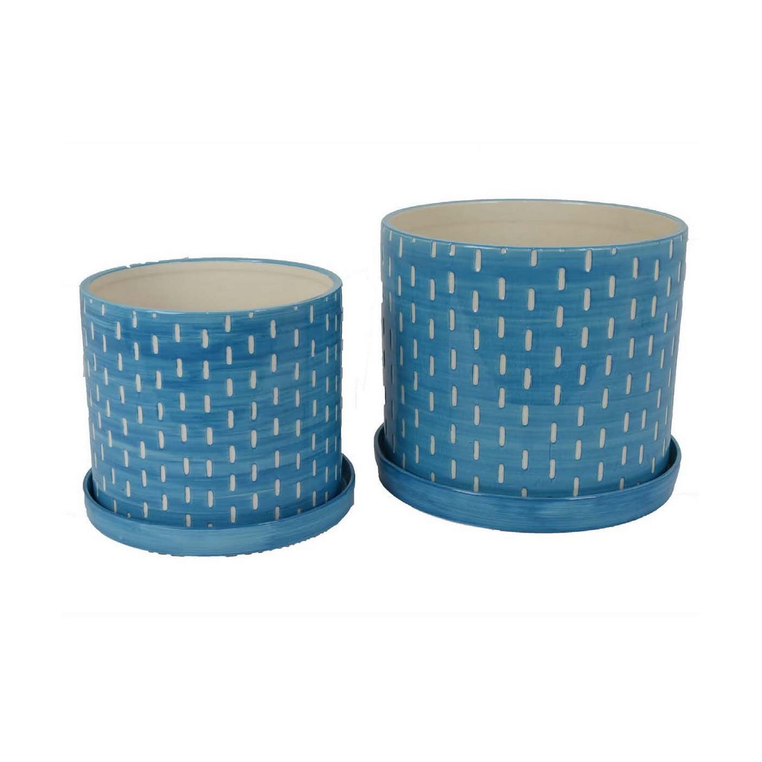 Pial 12 Inch Ceramic Planter Set of 2 with Saucer, Engraved, Blue ...