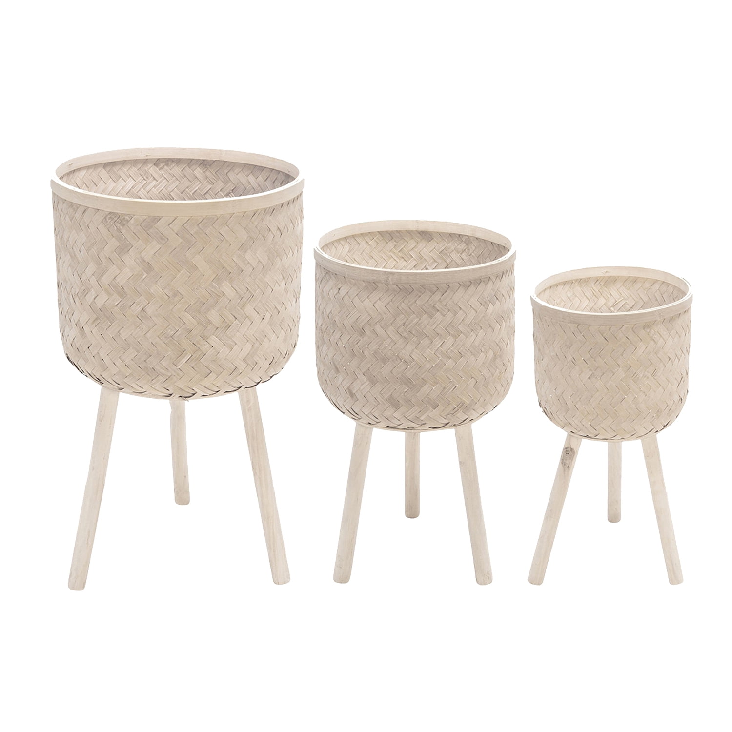 Benjara Planters Stands Set of 3, Tripod Wood Legs, Natural Bamboo ...