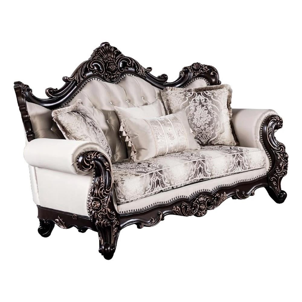 Benjara Puhi Loveseat w Accent Pillows- Beige Fabric- Ornate Carved ...