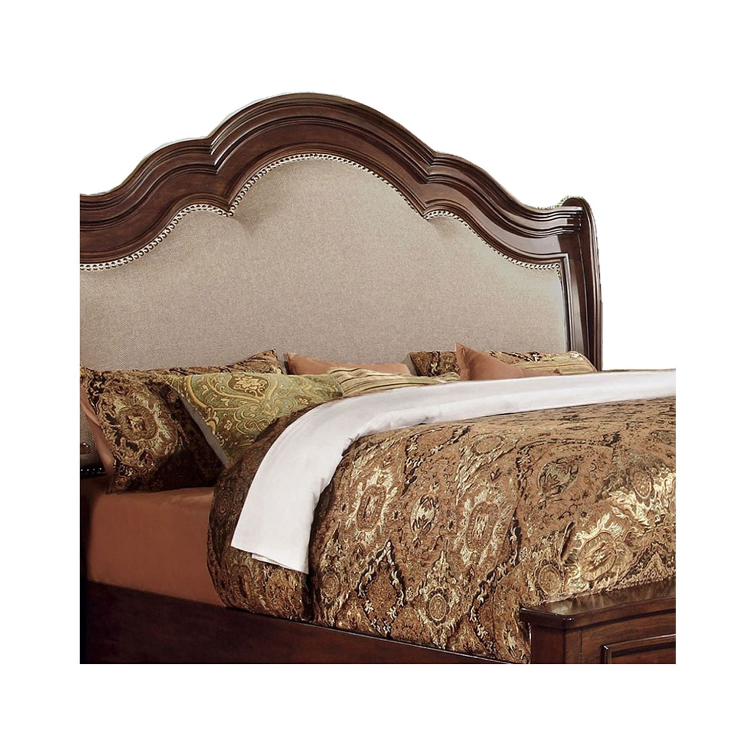 Benjara Queen Bed with Fabric Upholstered Scalloped Headboard, Brown ...