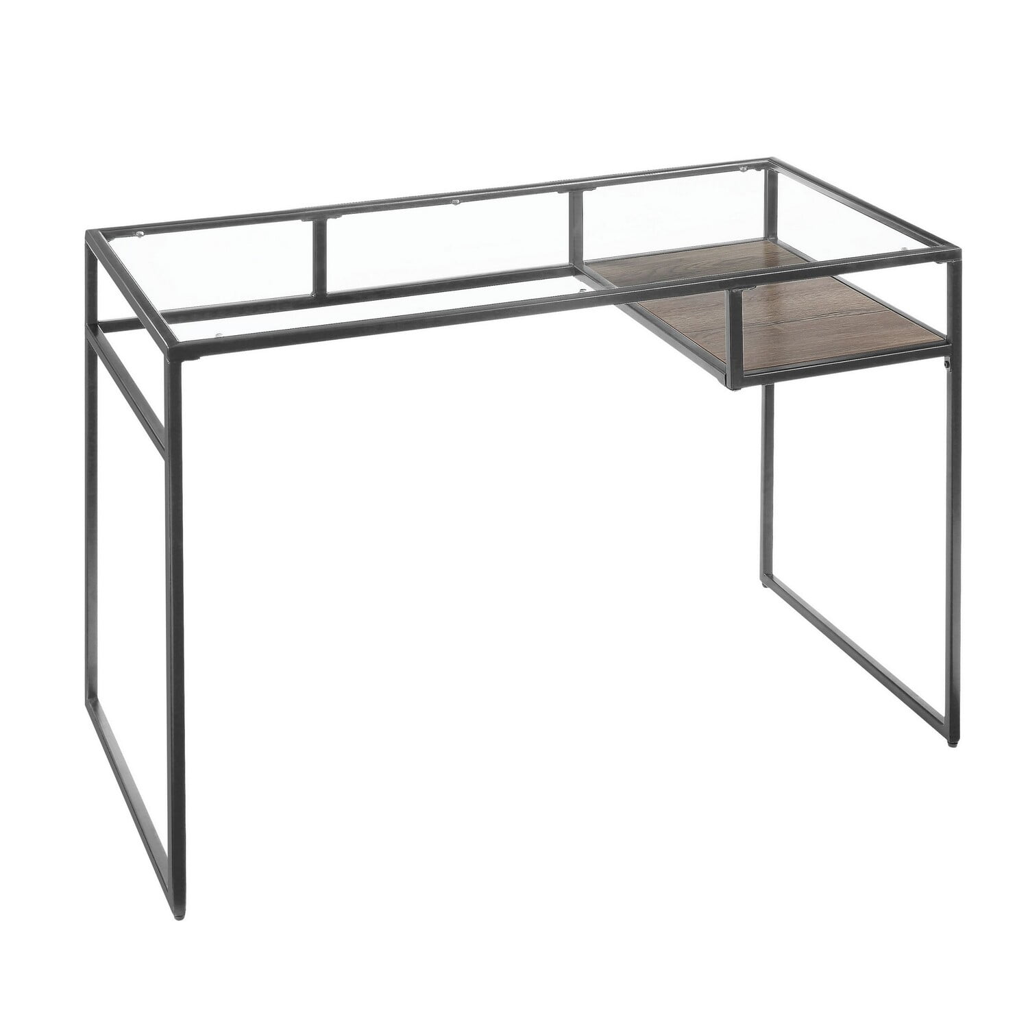 Benjara Rectangular Glass Top Desk with Open Compartment and Sled Base ...