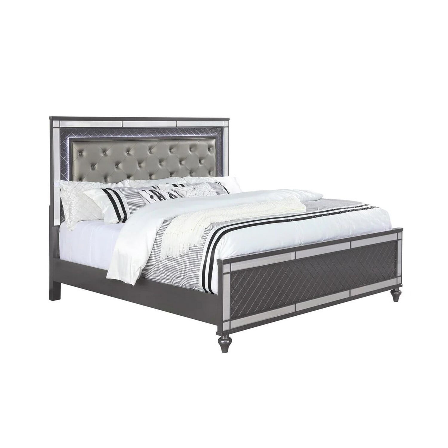 Benjara Reff King Size Bed, Button Tufted Gray Fabric Upholstery ...