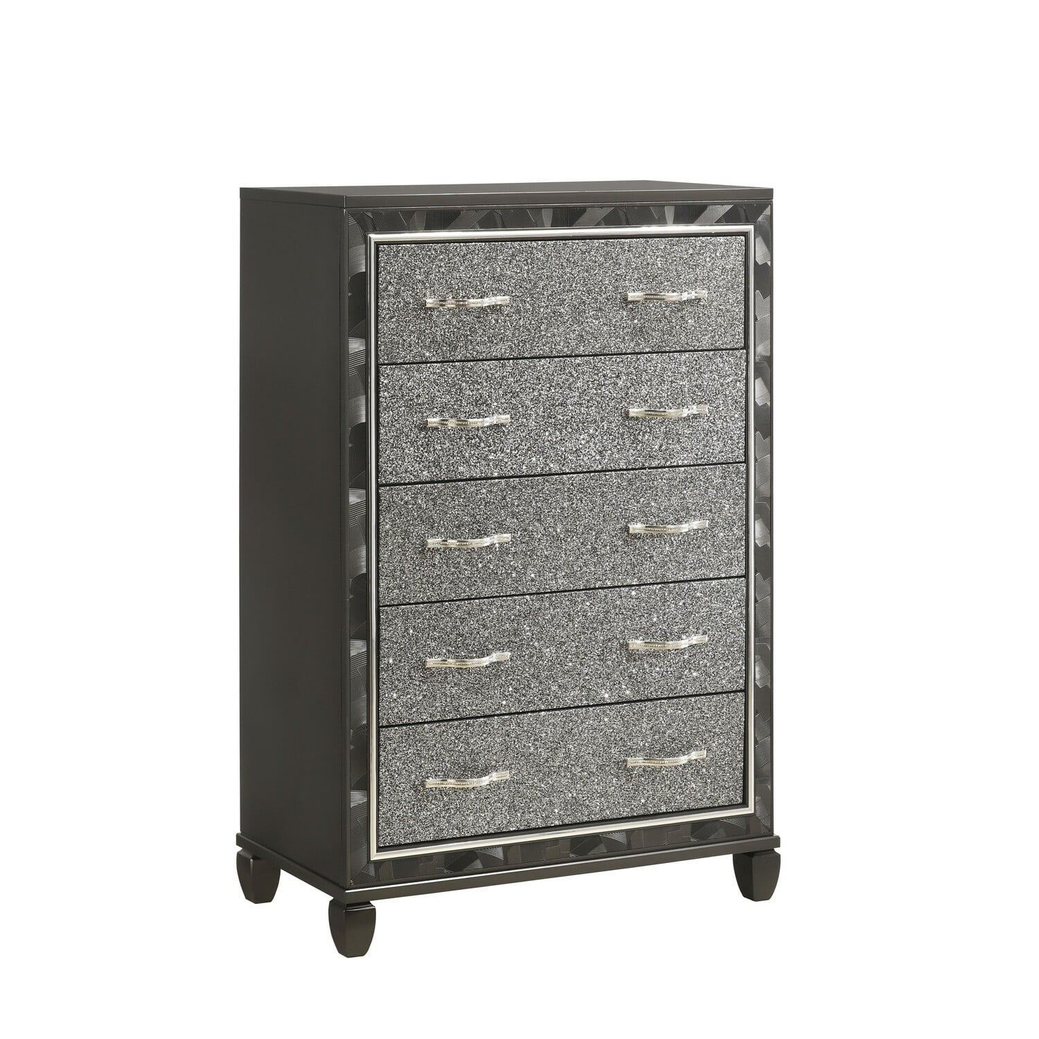 Benjara 58 in. Ren 5 Glitter Chrome Front Drawers Black Silver Tall Dresser Chest