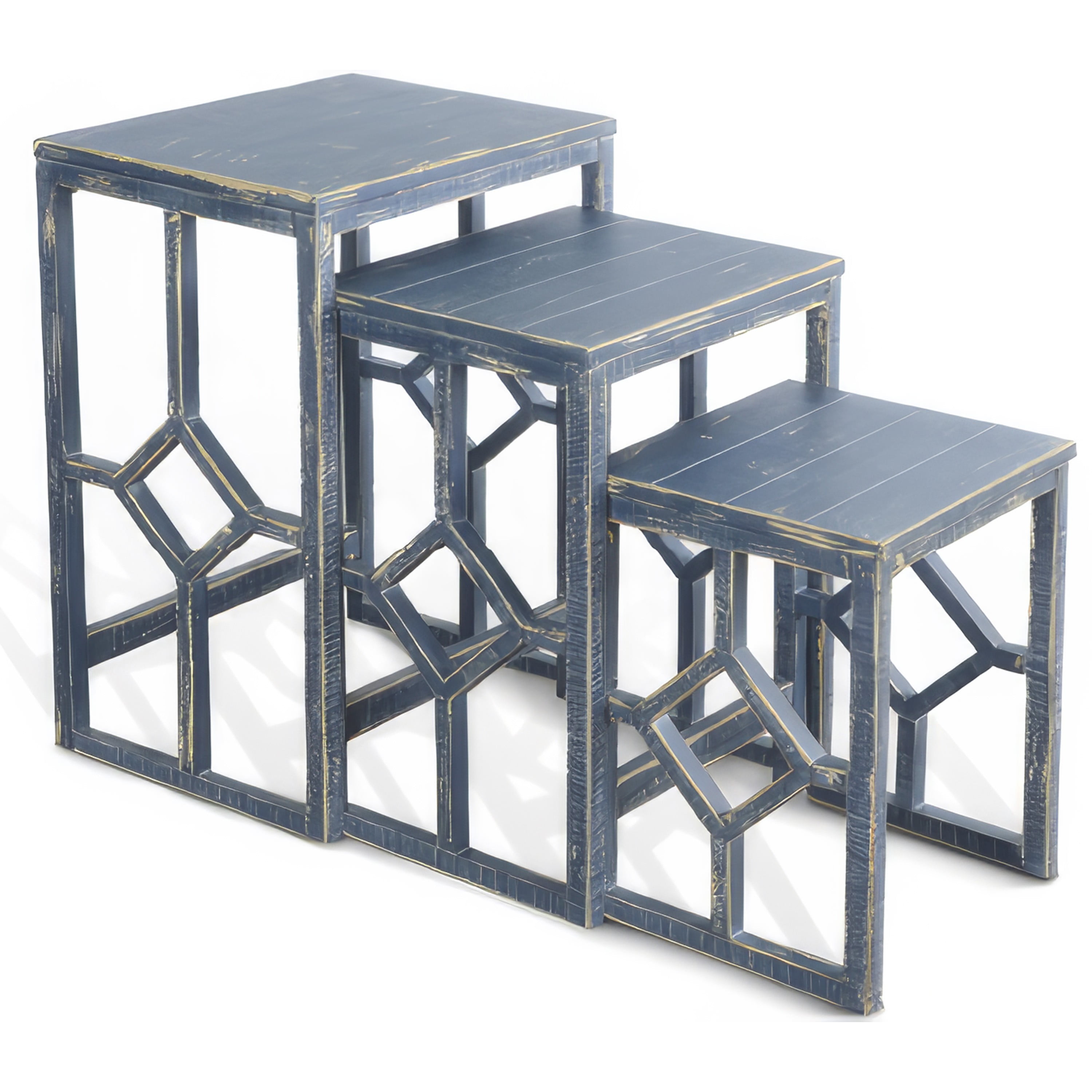 Rena 3 Piece Nesting Accent Table Set, Slatted, Rustic Blue Mahogany ...