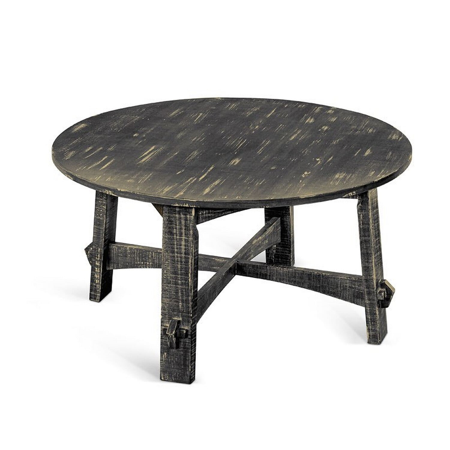 Rena Coffee Table- 36 Inch Round Top- Distressed Rustic Black Wood ...
