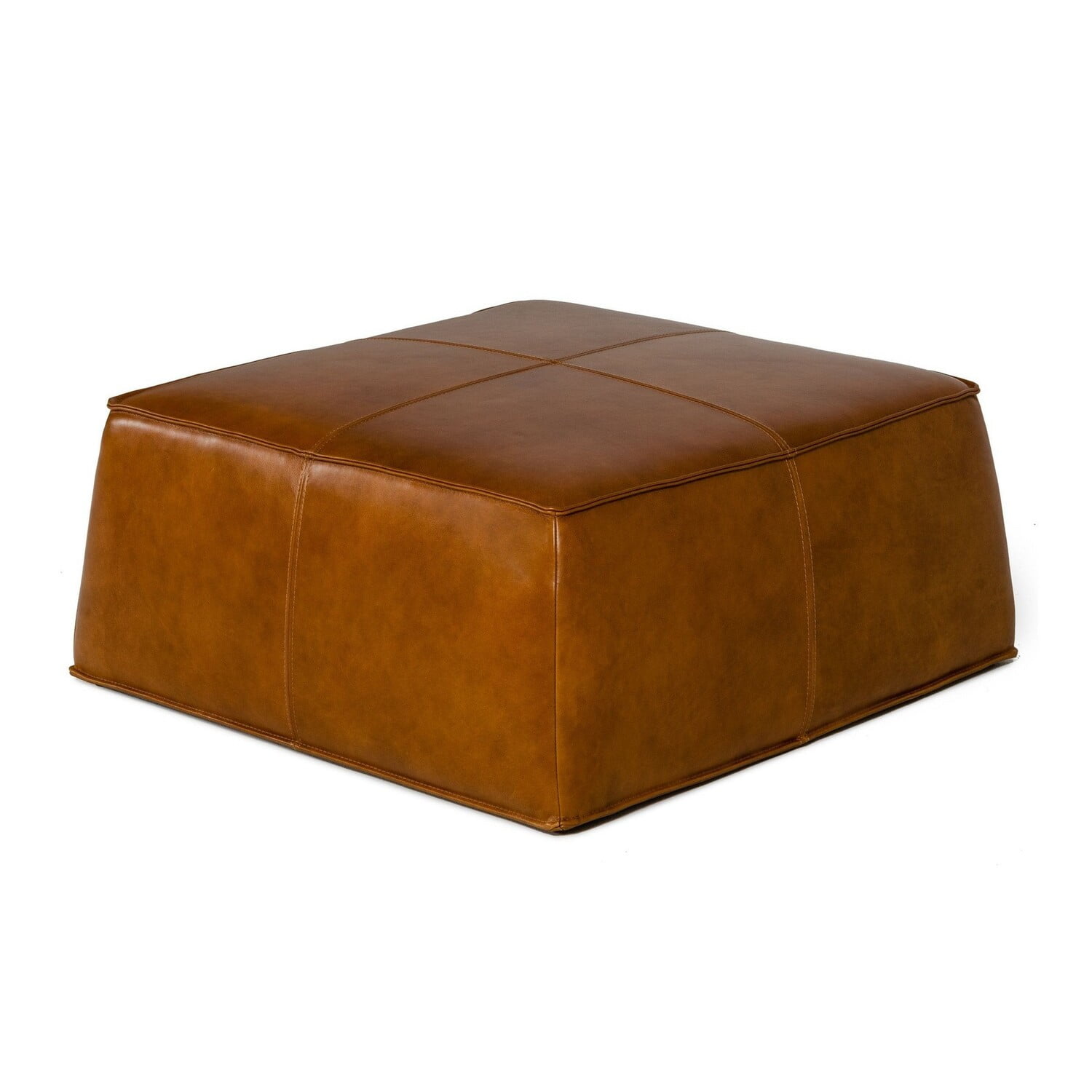 Reno Cal 37 Inch Modern Ottoman, Leather, Square, Stitching, Caramel ...
