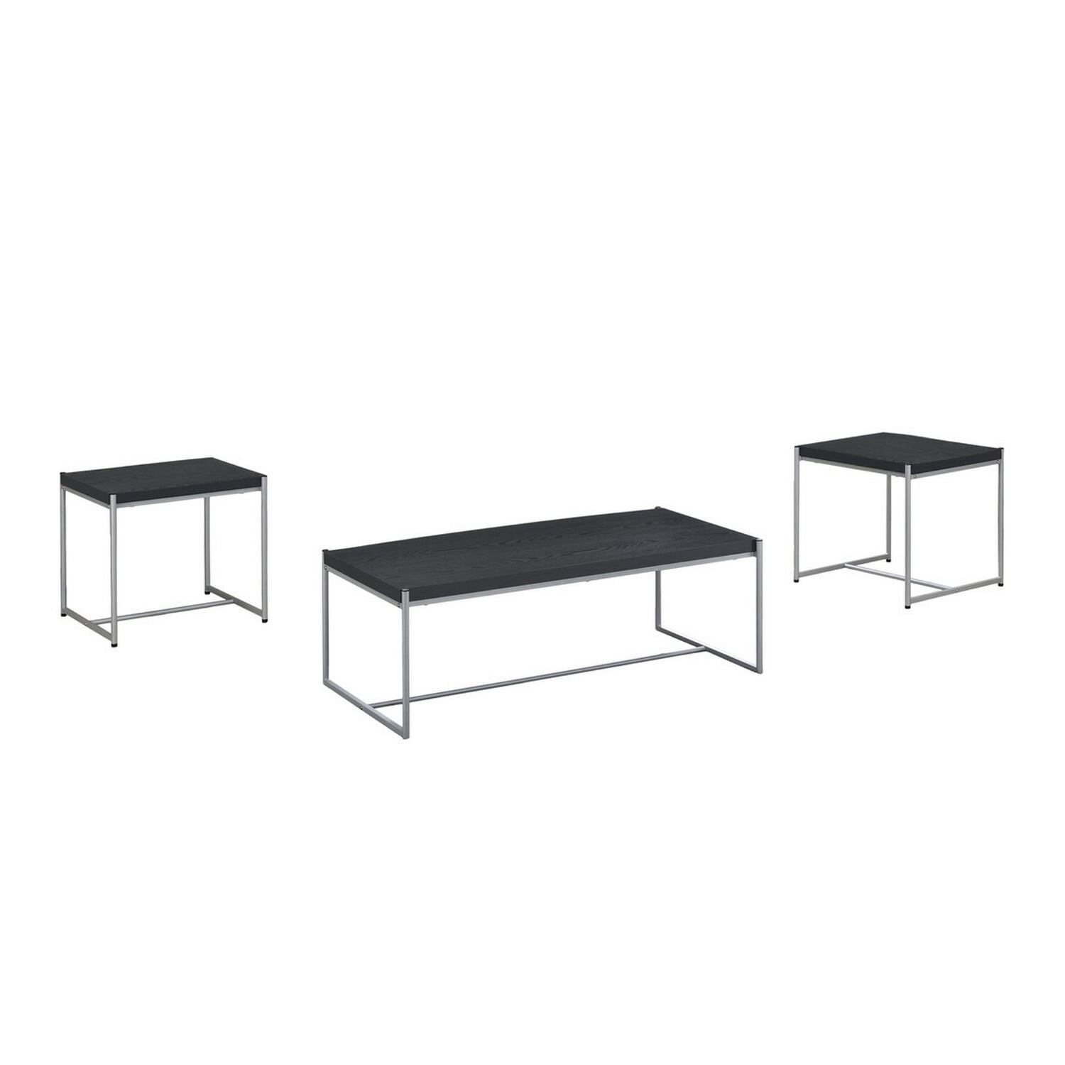 Benjara Riza 2 Side Tables & Steel Base Coffee Table Set, Black ...
