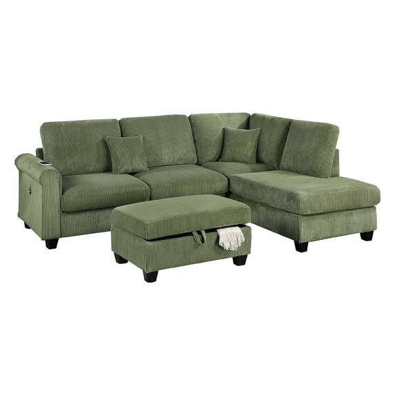 Roe 3pc Sectional Sofa Set w Chaise, Ottoman, 2 Pillows, Green ...