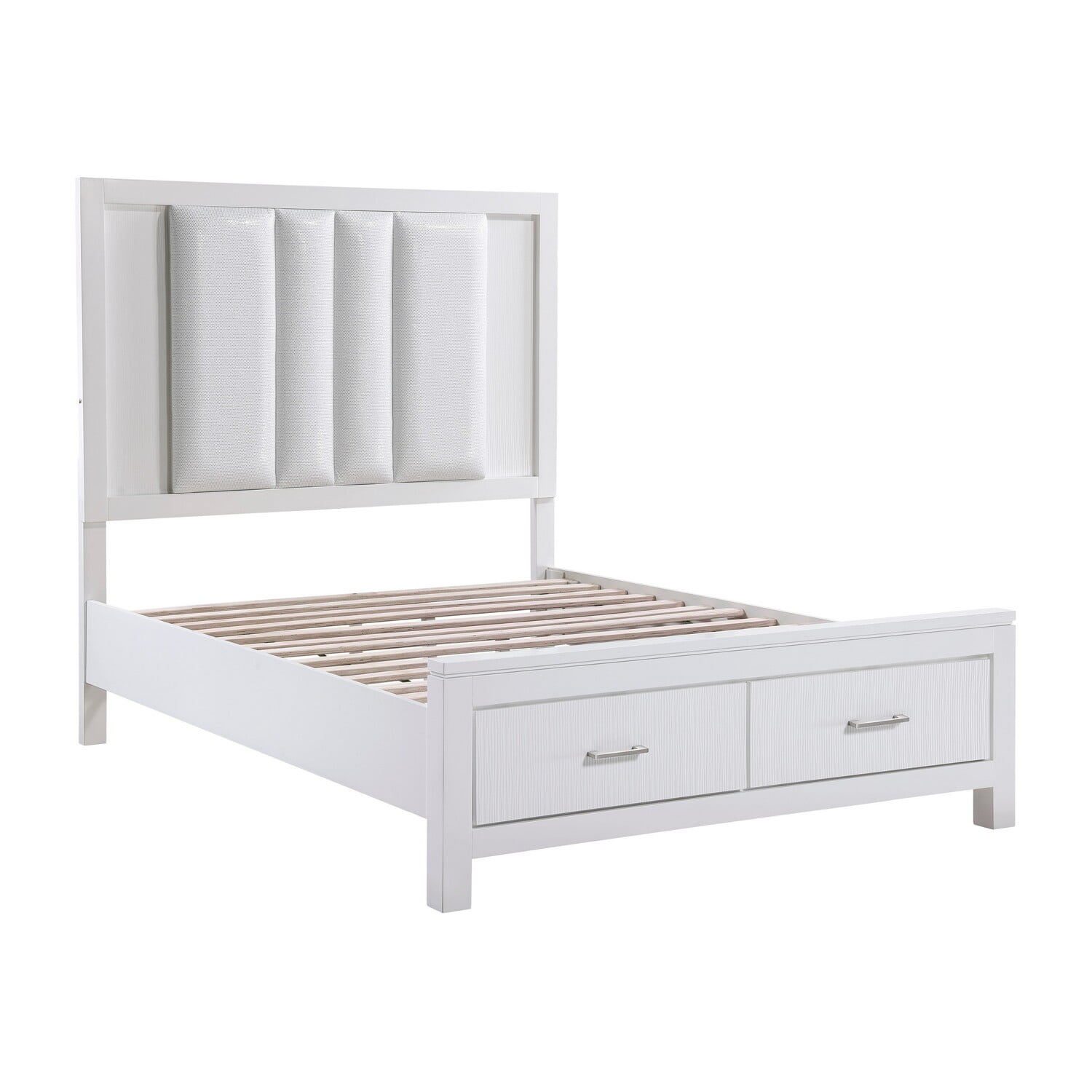 Benjara Roni Queen Bed, LED Lit Upholstered, 2 Storage Drawers, White ...