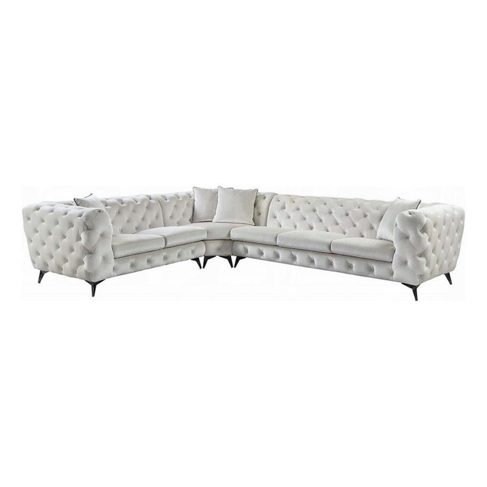 Ronia Sectional Sofa, 4 Throw Pillows, Tufted Ivory White, 133 Inch ...