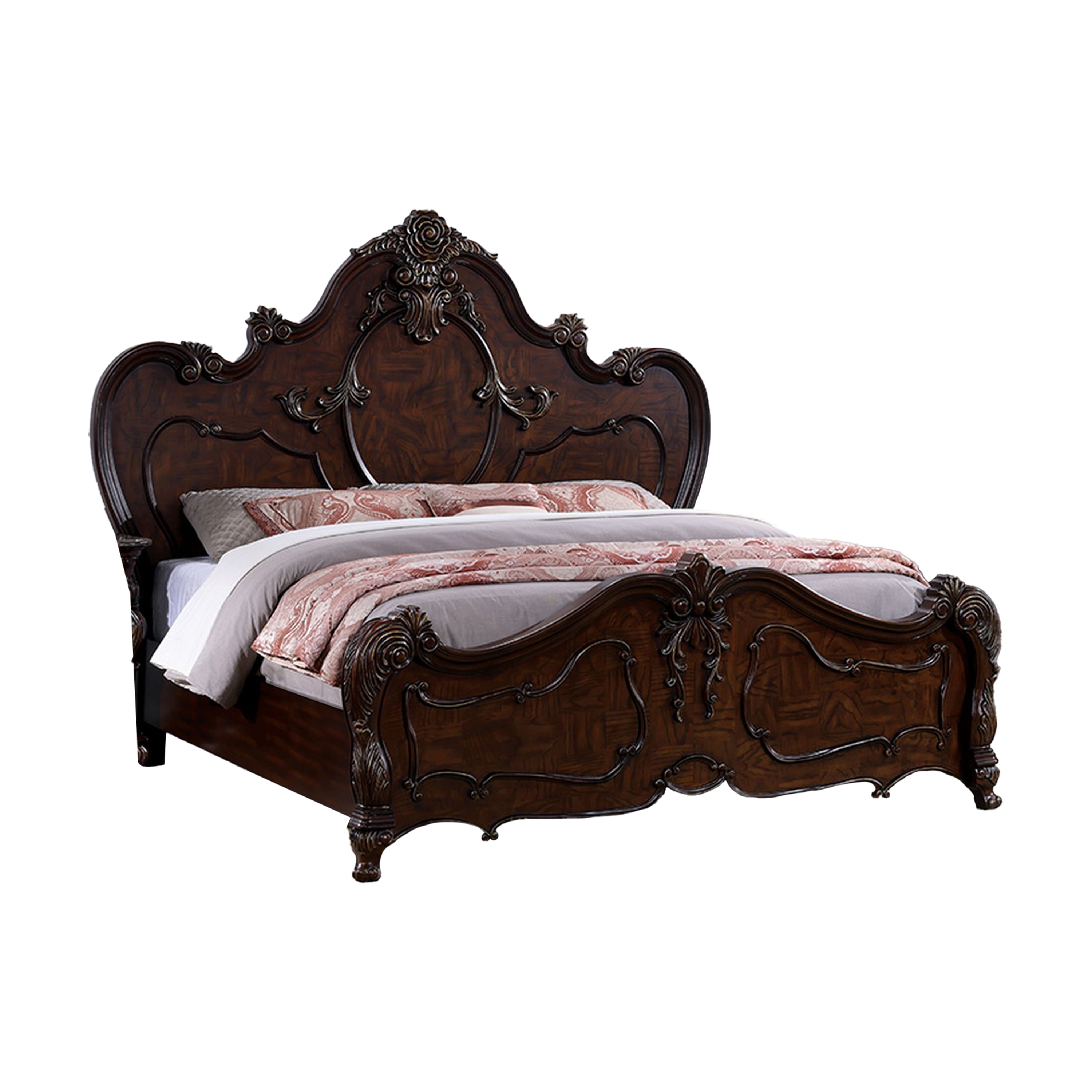 Rosy Queen Size Bed, Carved Details, Turned Legs, Cherry Brown Solid Wood - Walmart.com