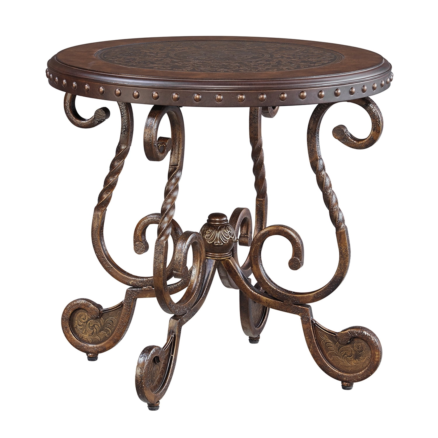 Benjara Round End Table with Nailhead Accented Top and Scrolled Base ...