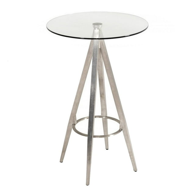 Benjara Round Glass Top Bar Table with Angled Metal Legs, Silver ...