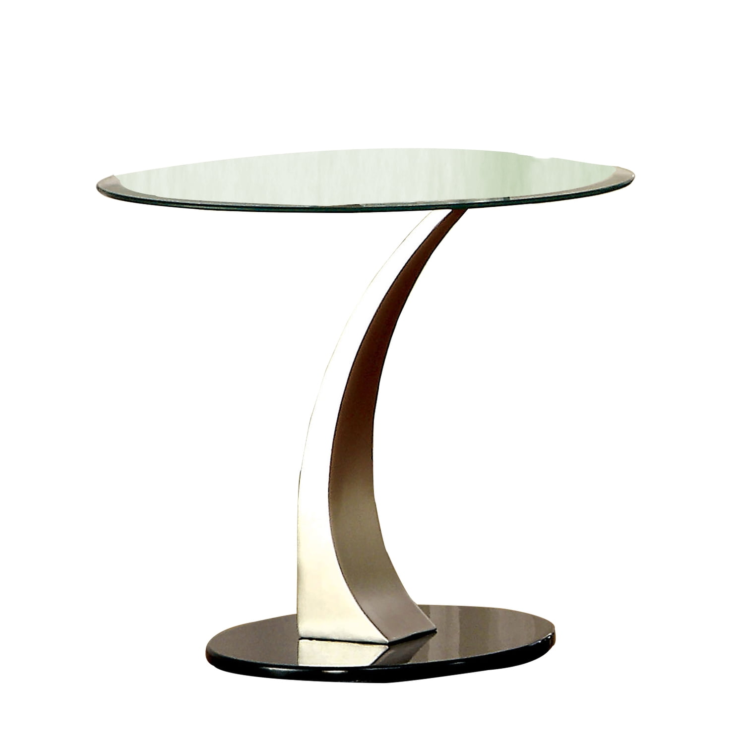 Round Glass Top End Table with Curved Pedestal Base, Black and Silver ...