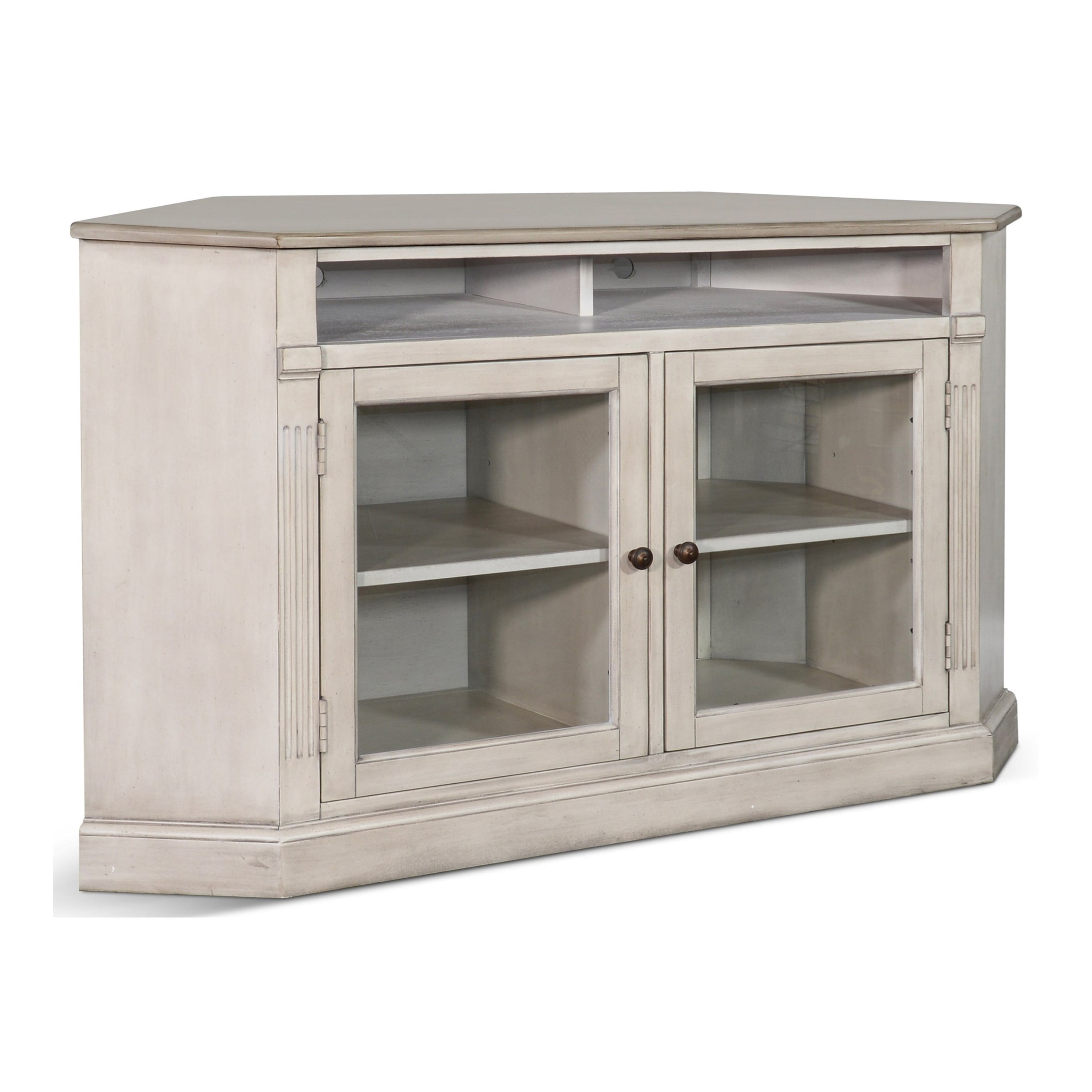 Sain Corner TV Media Console, 6 Shelf, 2 Glass Door 55 Inch Taupe Wood ...