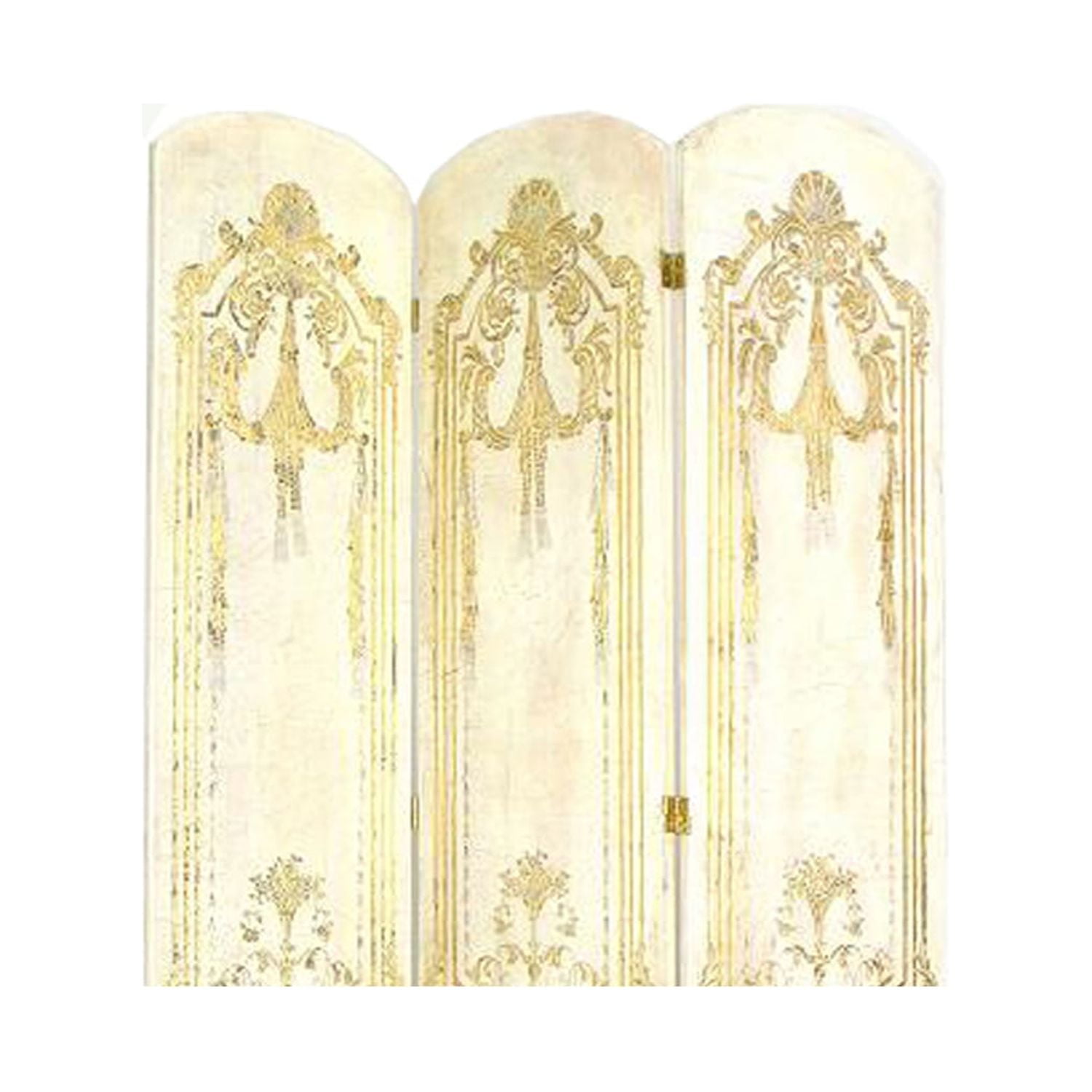 Benjara Scalloped 3 Panel Wooden Screen with Classic Scroll, Gold and ...