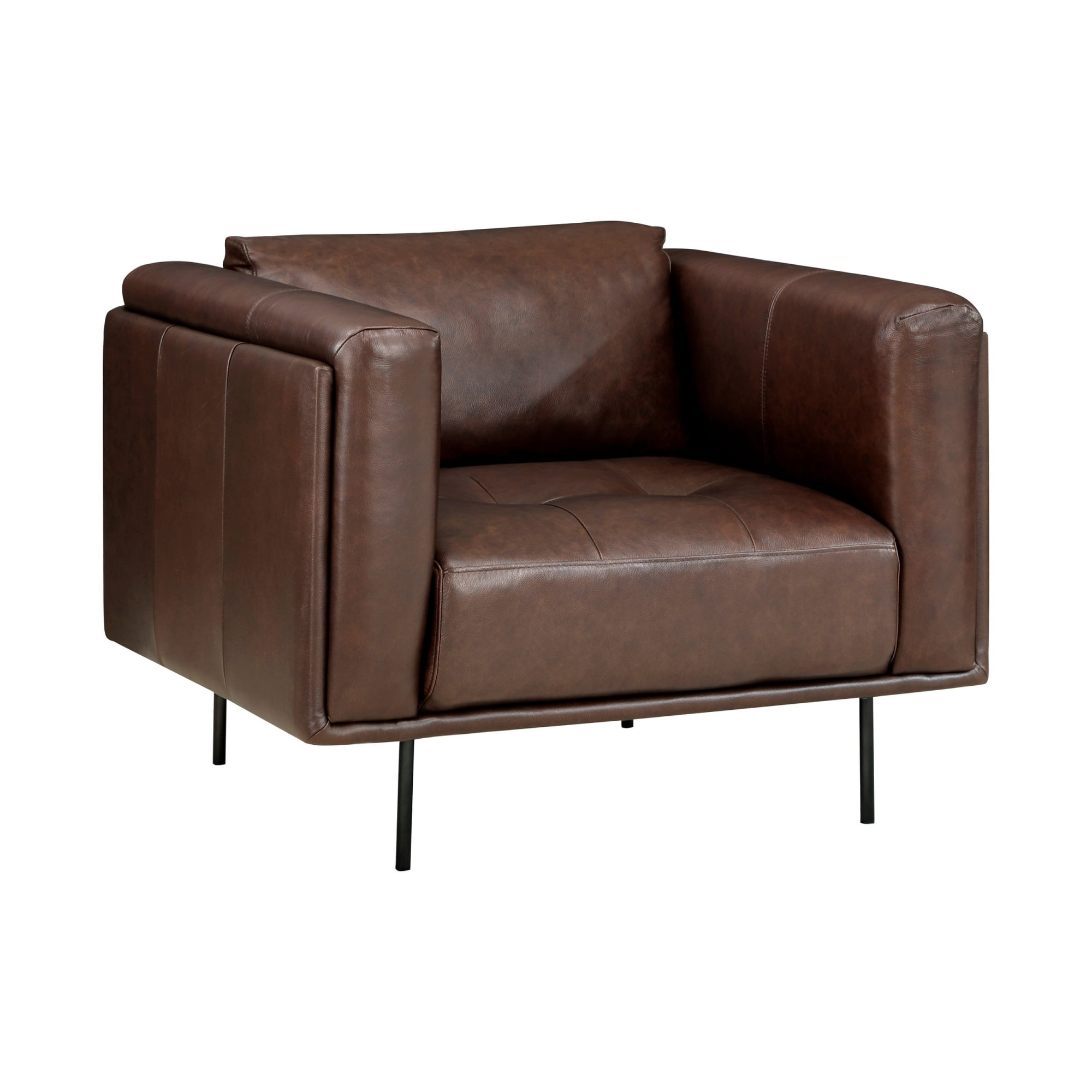 Sen 39 Inch Low Back Tufted Chair, Brown Top Grain Leather, Metal Legs ...