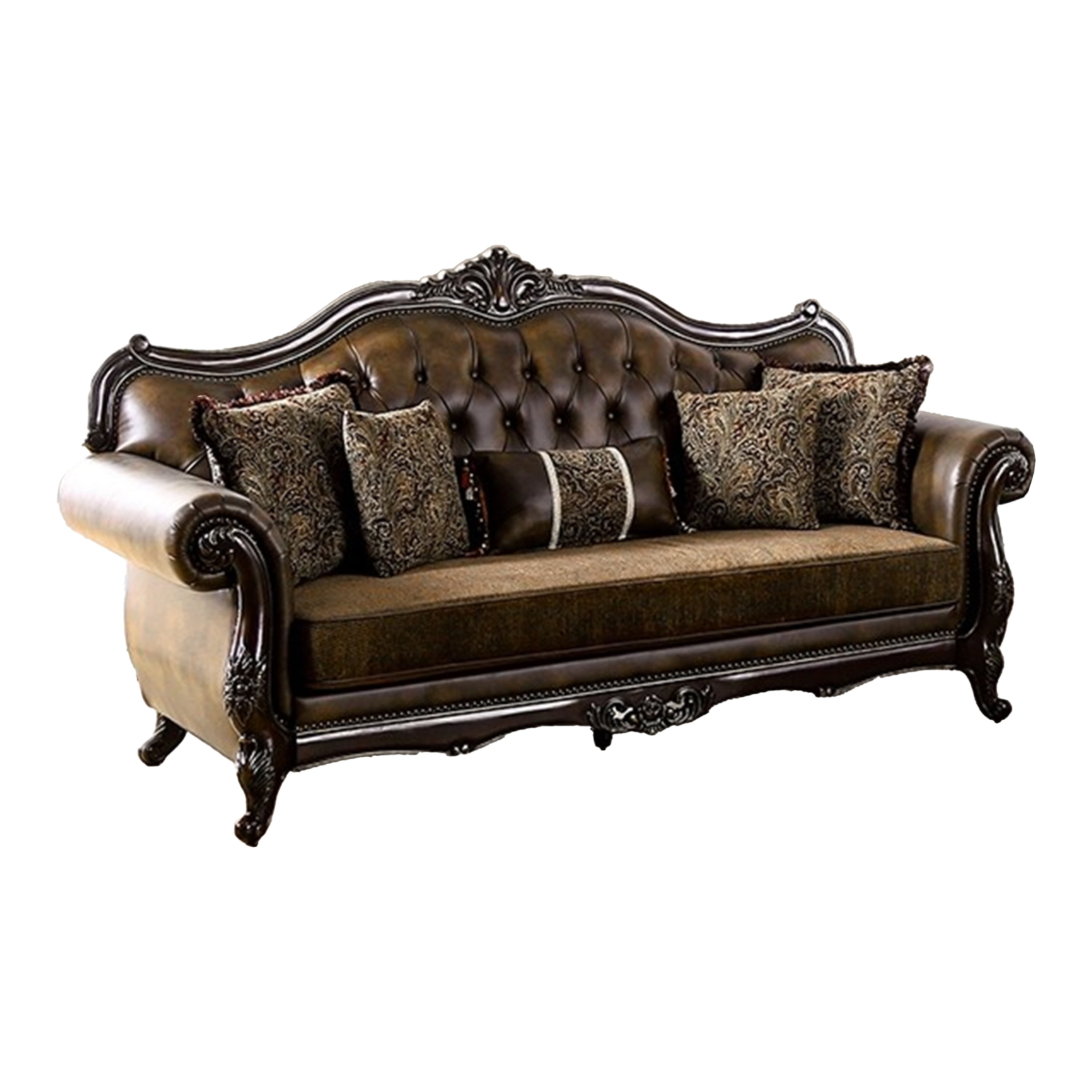 Sena 90 Inch Sofa, Faux Leather, Rolled Arms, Cherry Brown Solid Wood ...