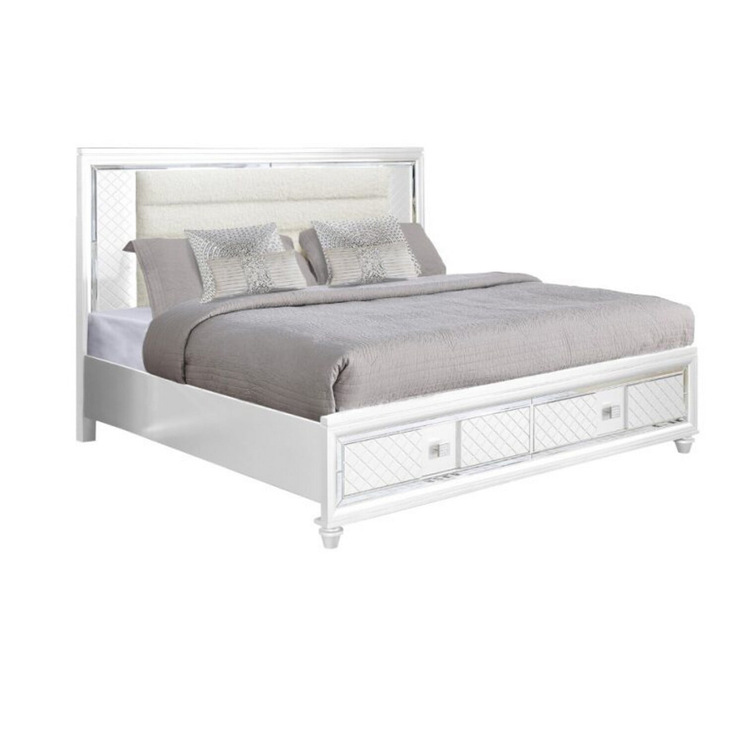 Benjara Seri King Bed with Storage, Channel Tufted White Upholstery ...