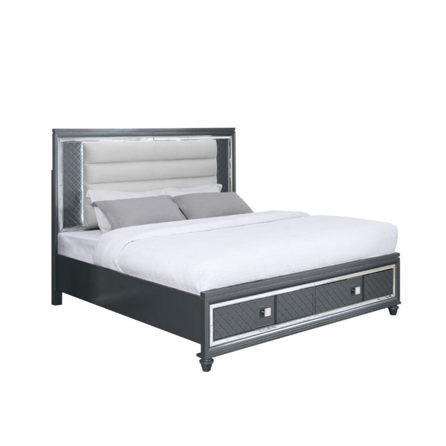 Benjara Seri Queen Size Bed with Storage, Channel Tufted Gray ...