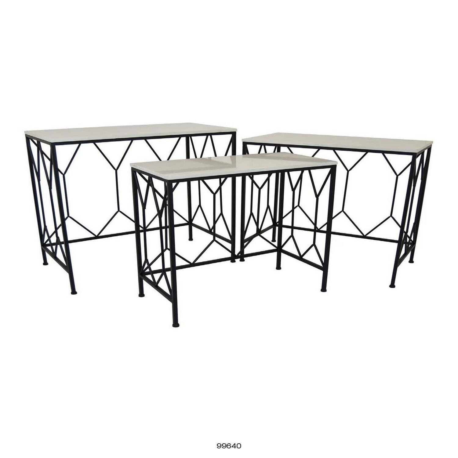 Set of 3 Accent Nesting Tables, White Marble Top, Sleek Black Metal ...
