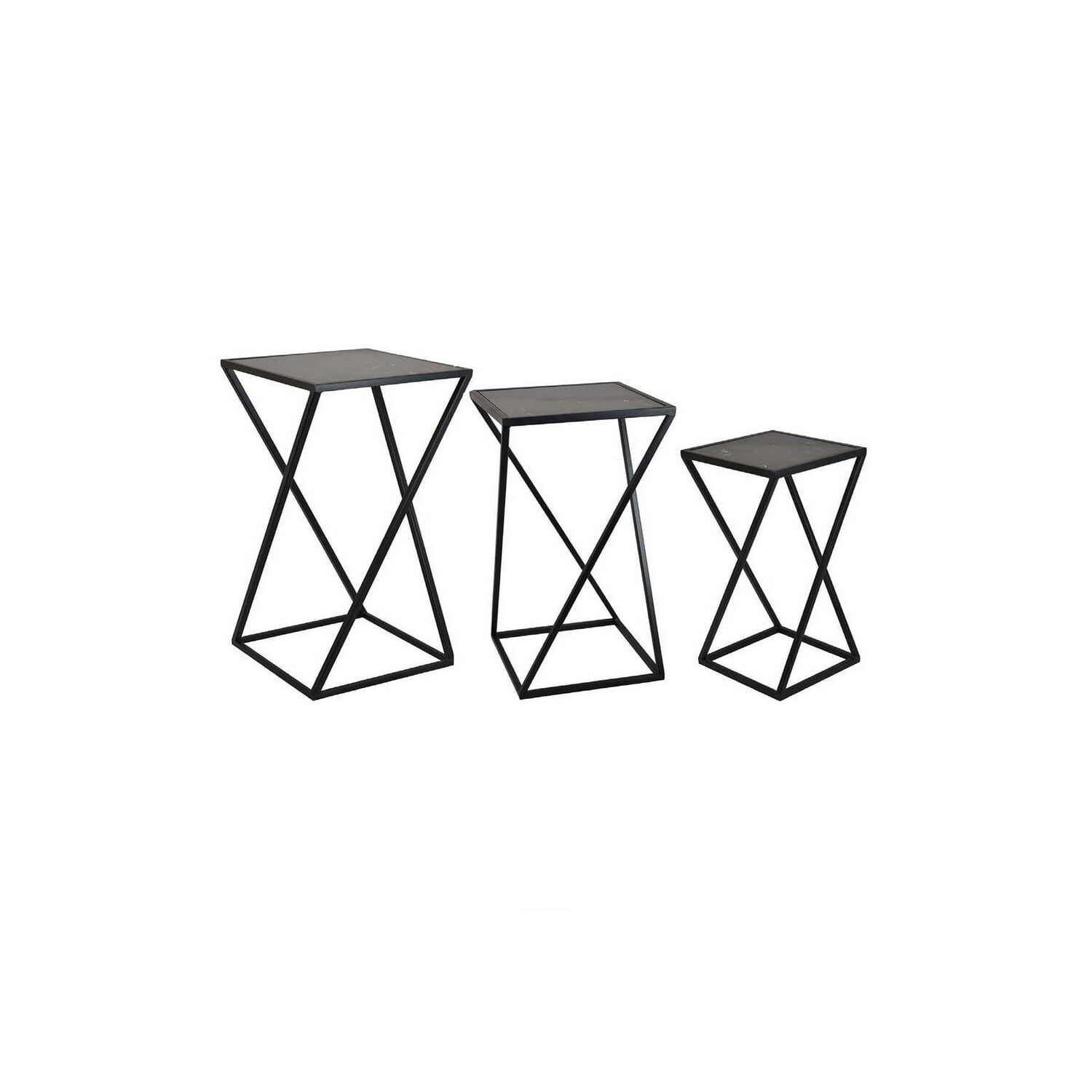 Benjara Set of 3 Plant Stand Tables, Square, Crossed Base, Gray Marble ...