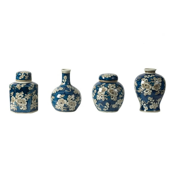 Set of 4 Lidded Jars and Vases, Classic Curved Round Blue and White ...