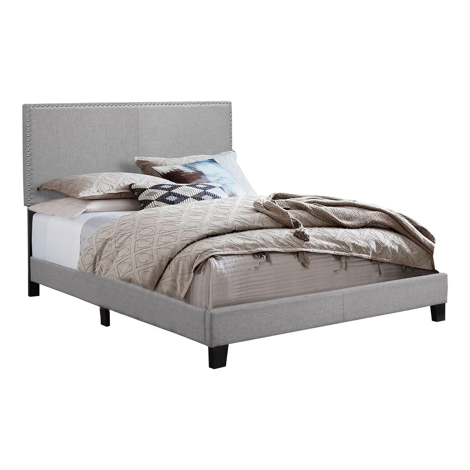 Benjara Shirin Queen Size Bed, Wood, Nailhead Trim, Upholstered ...