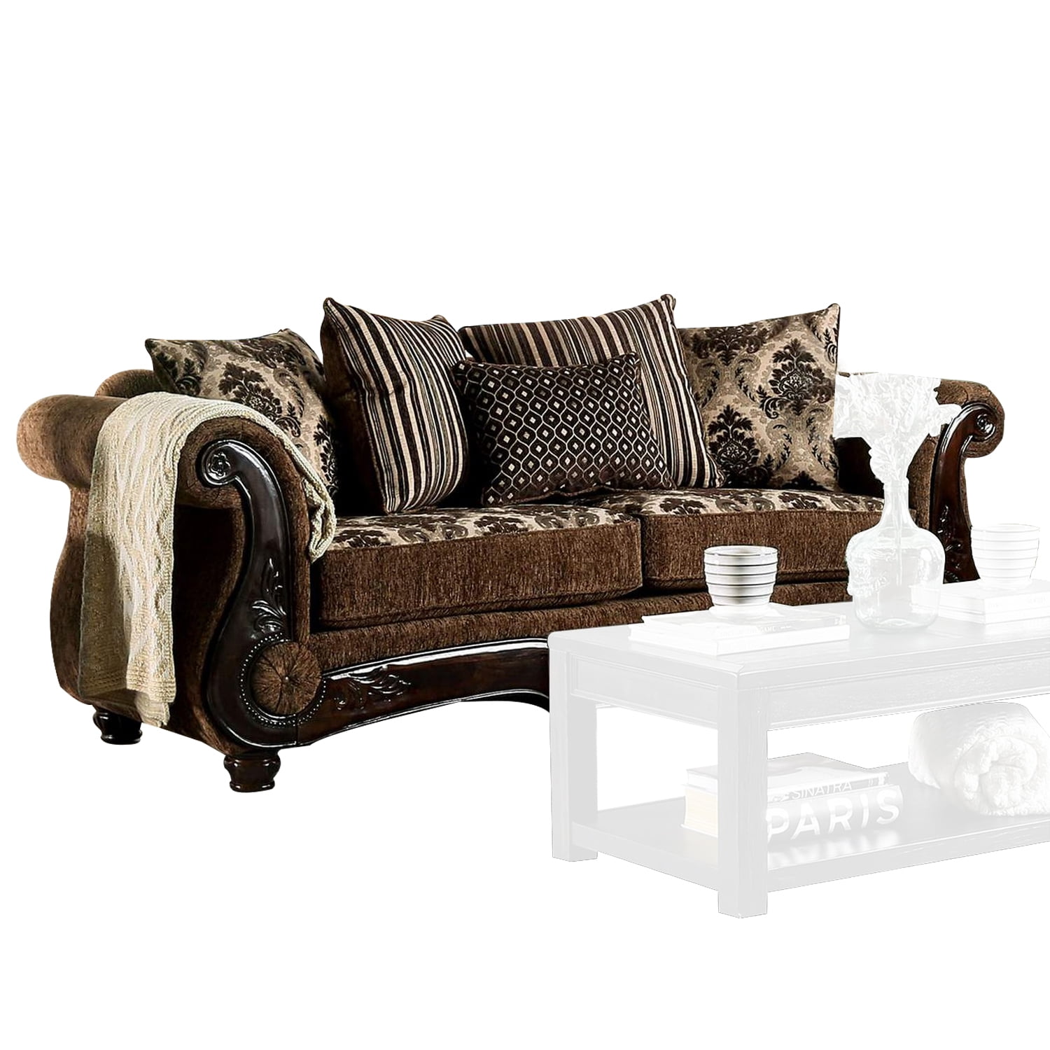 Sofa with Damask Pattern and Rolled Arms Brown - Walmart.com