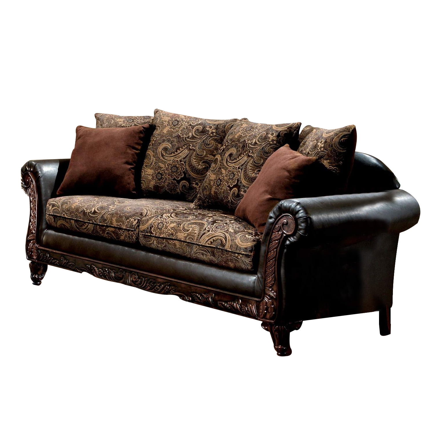 Benjara Sofa with Paisley Fabric and Wooden Ornate Legs, Espresso Brown ...
