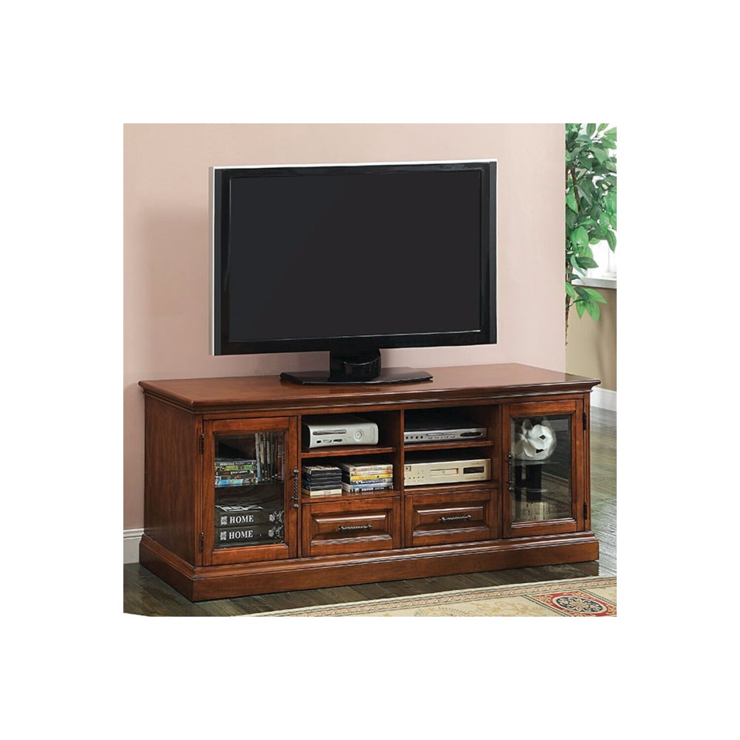 Benjara Solid Transitional 72" Wooden TV Console, Antique Brown ...