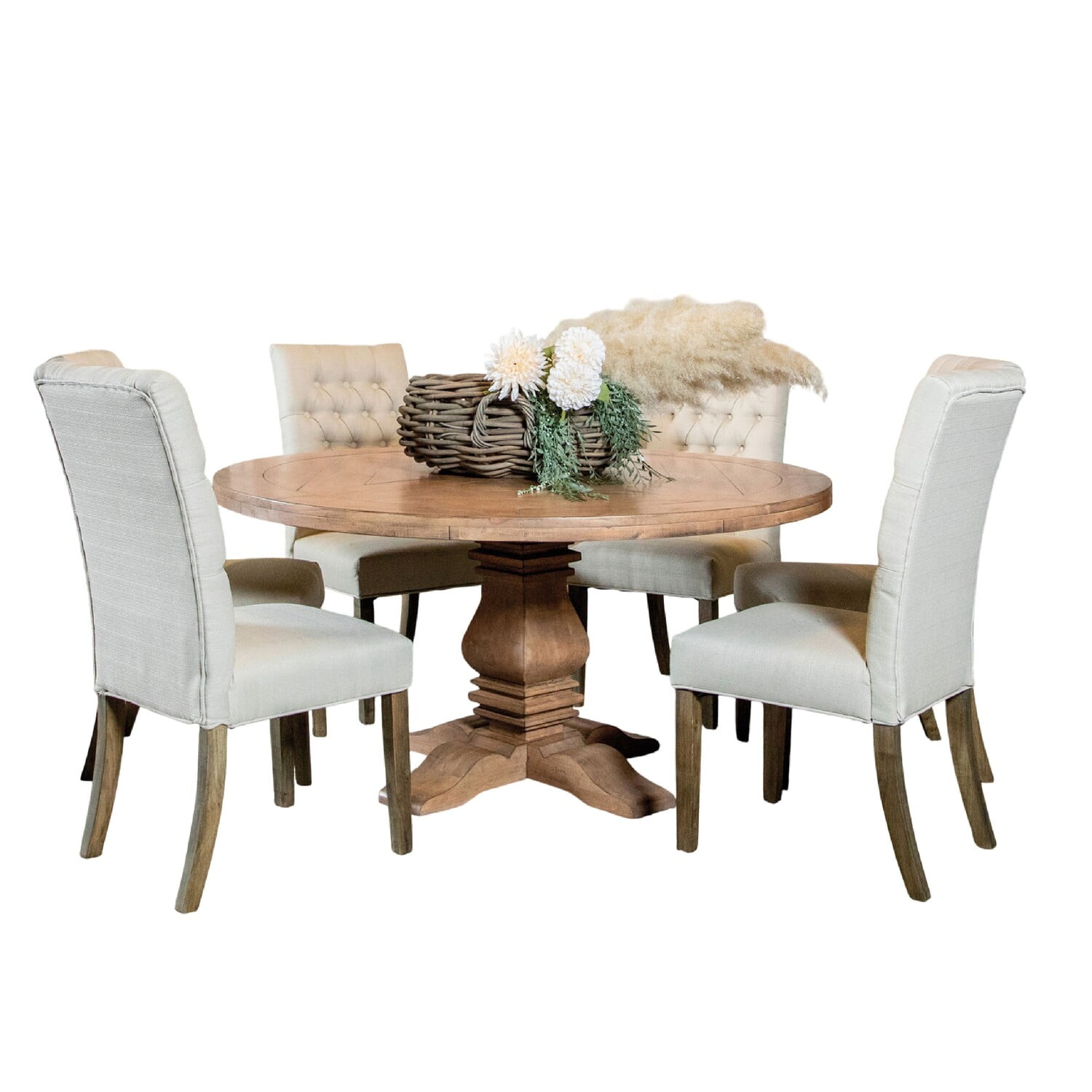Benjara Som 7pc Round Dining Table Set, 6 Oatmeal Button Tufted Fabric ...
