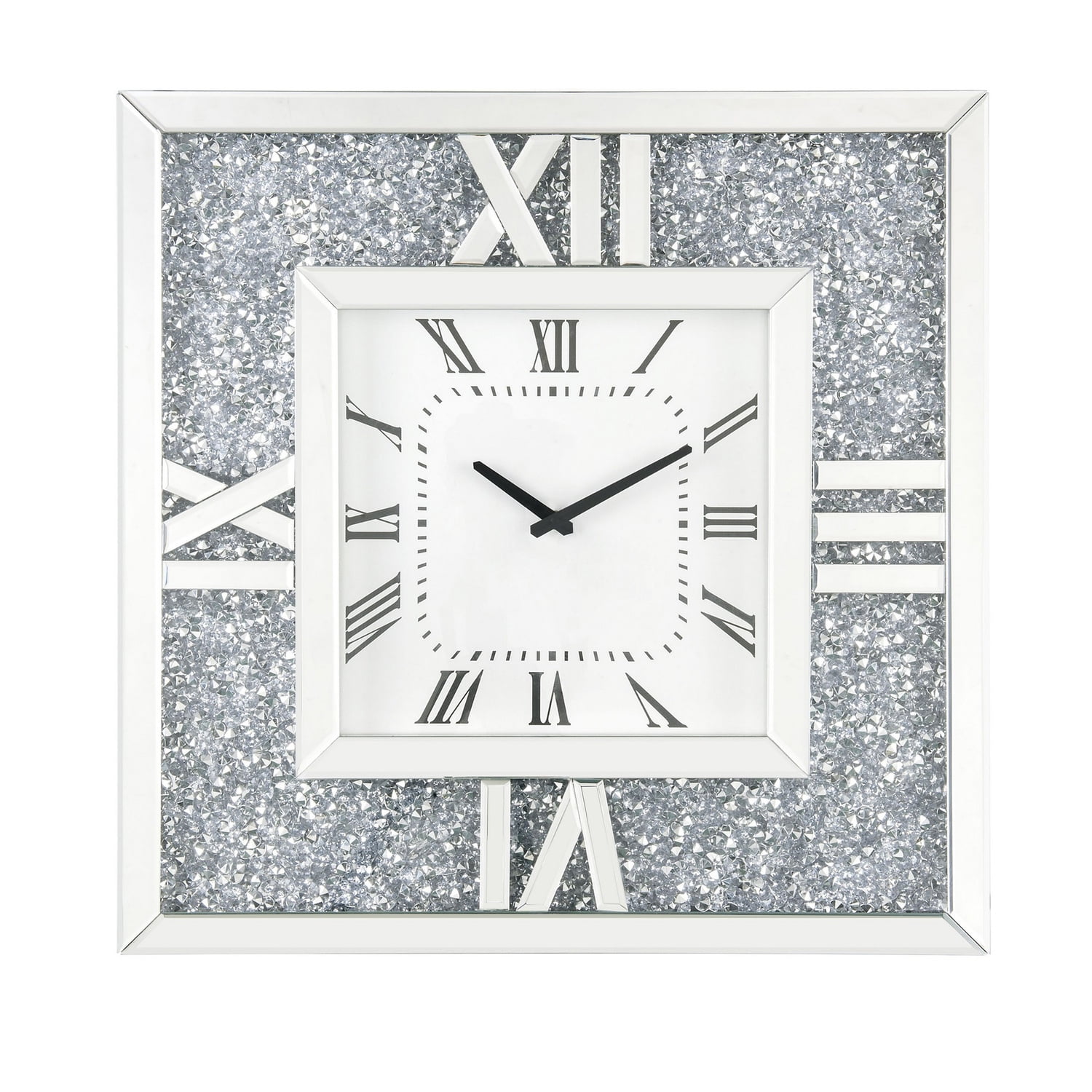 Square Mirror Panel Frame Wall Clock with Faux Diamond, Silver ...