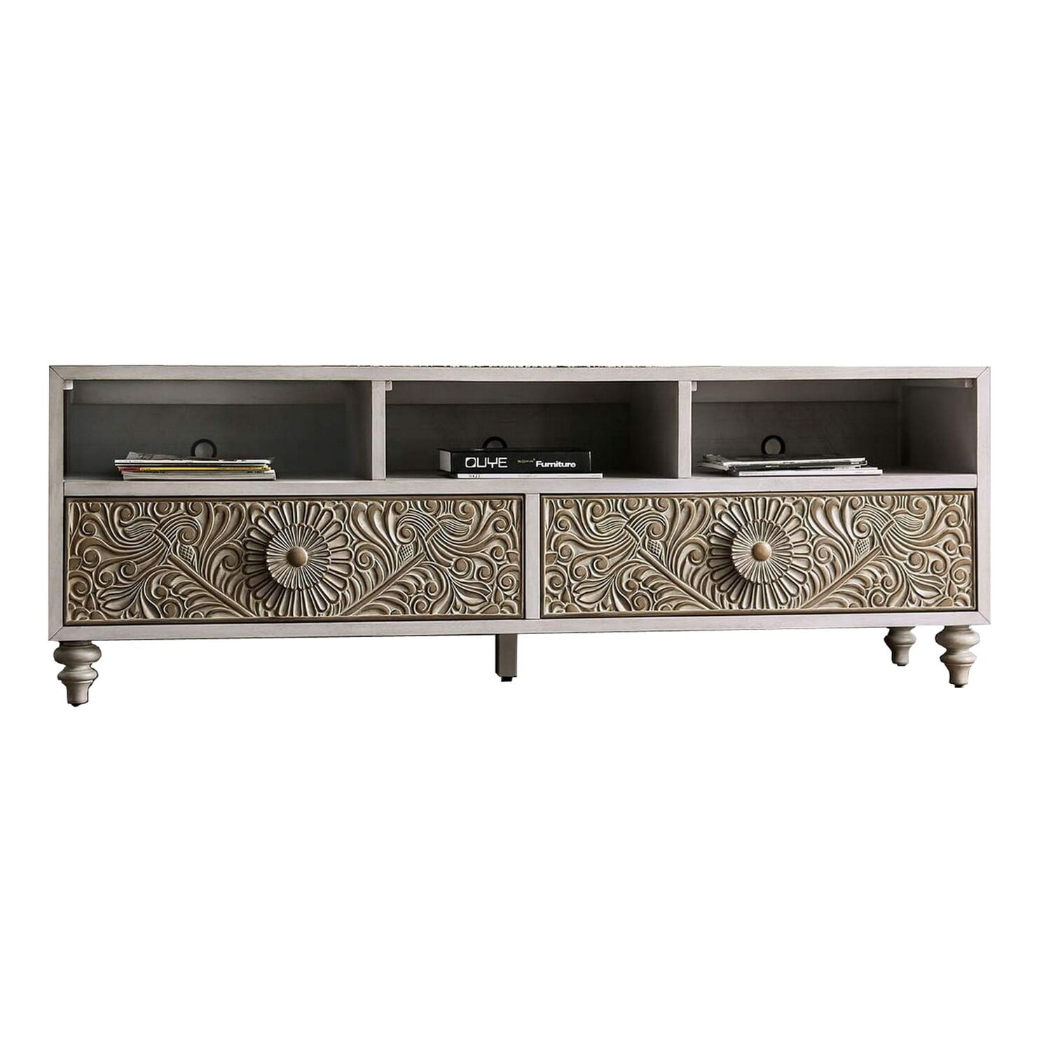 Benjara Ivory TV Stand with Polyresin Floral Design - Living Room ...