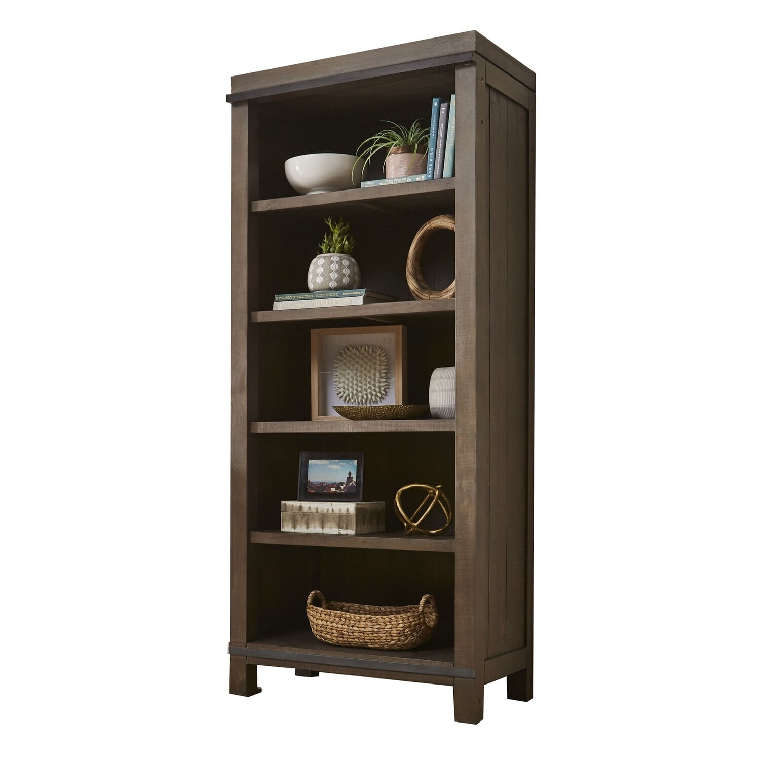 Benjara Tarn 75 Inch Pier Bookcase, 5 Open Shelves, Rustic Gray Solid ...