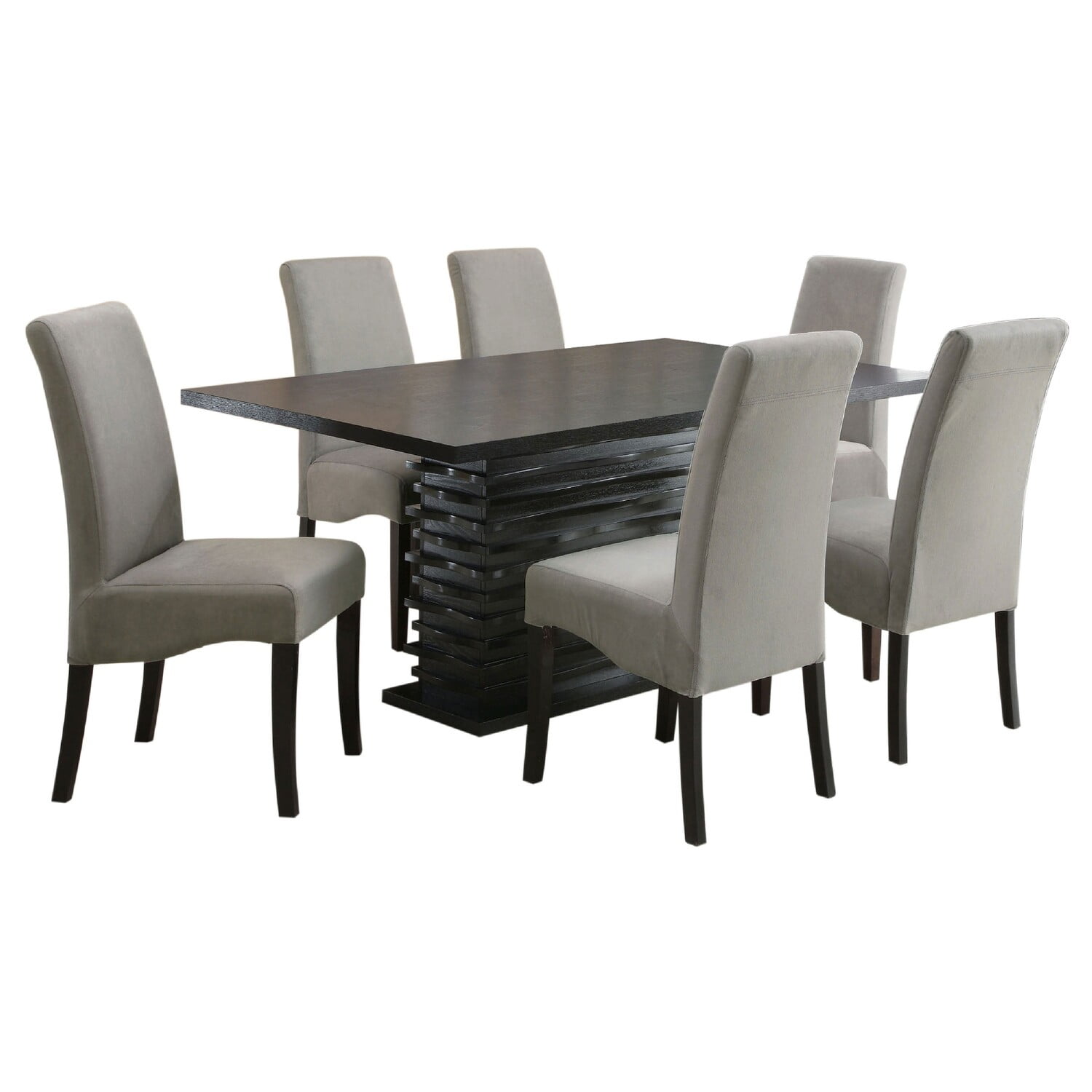 Benjara Tela 7pc Dining Table and 6 Chairs Set, Black Pedestal Base ...
