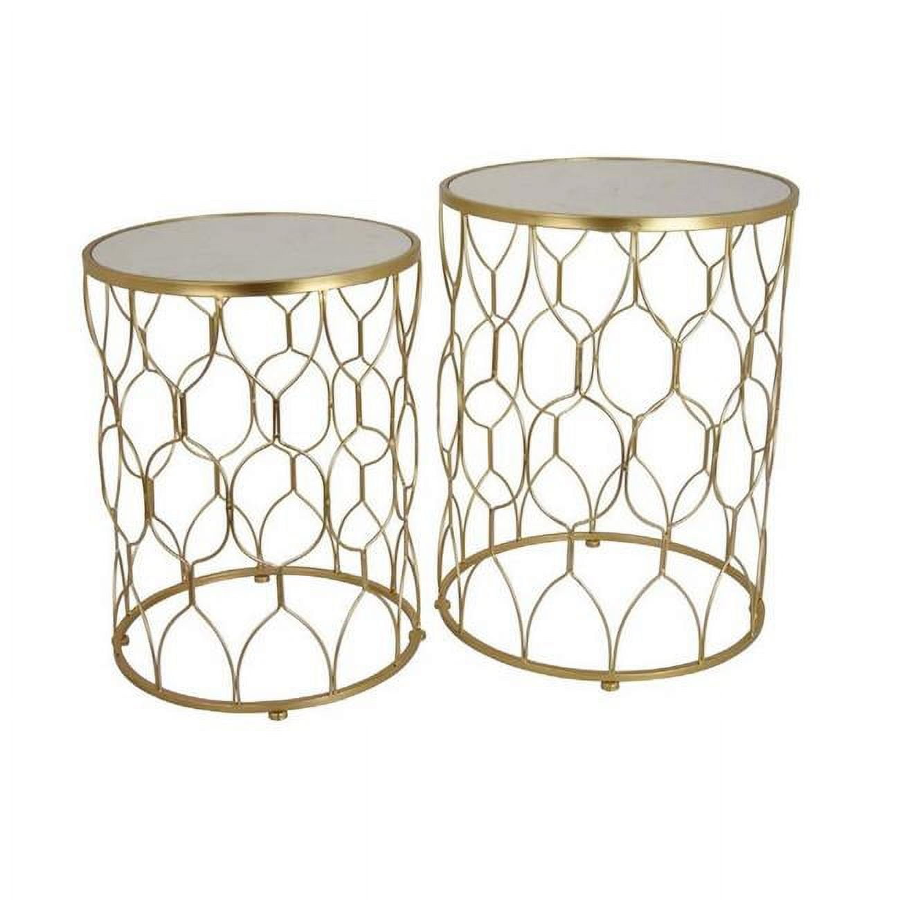 Benjara Teli Geometric Lattice Round Marble Plant Stand Table, Gold ...