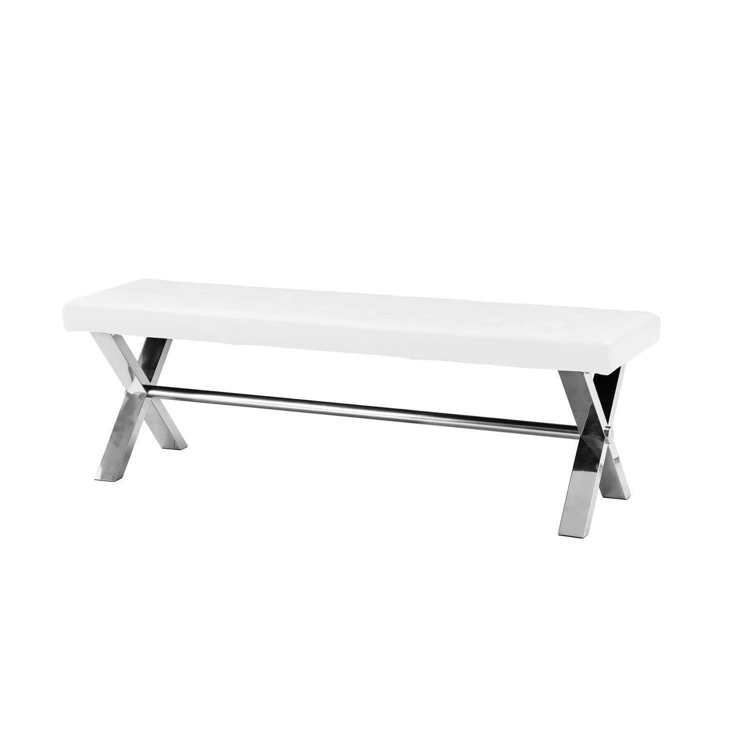 Benjara Tia 55 Inch Accent Bench, Tufted White Faux Leather, X Chrome ...