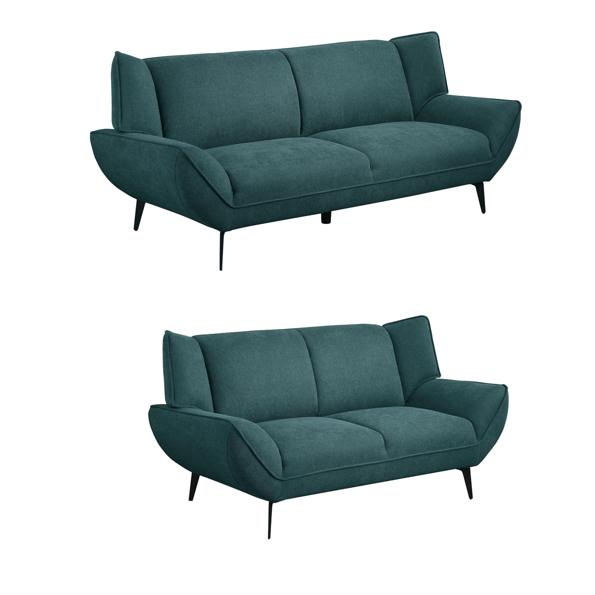 Toer 2 Piece Sofa, Loveseat Set, Flared Arms, Teal Blue Fabric, Black ...