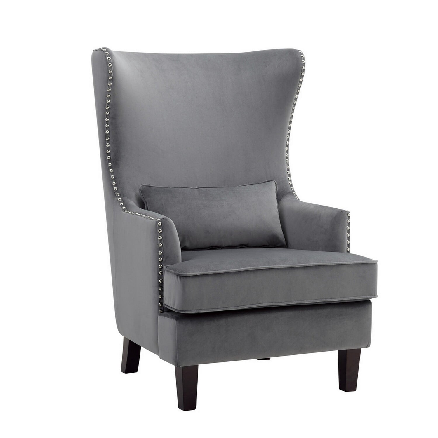 Benjara Tony 34 Inch Accent Chair, 1 Lumbar Pillow, Gray Velvet ...
