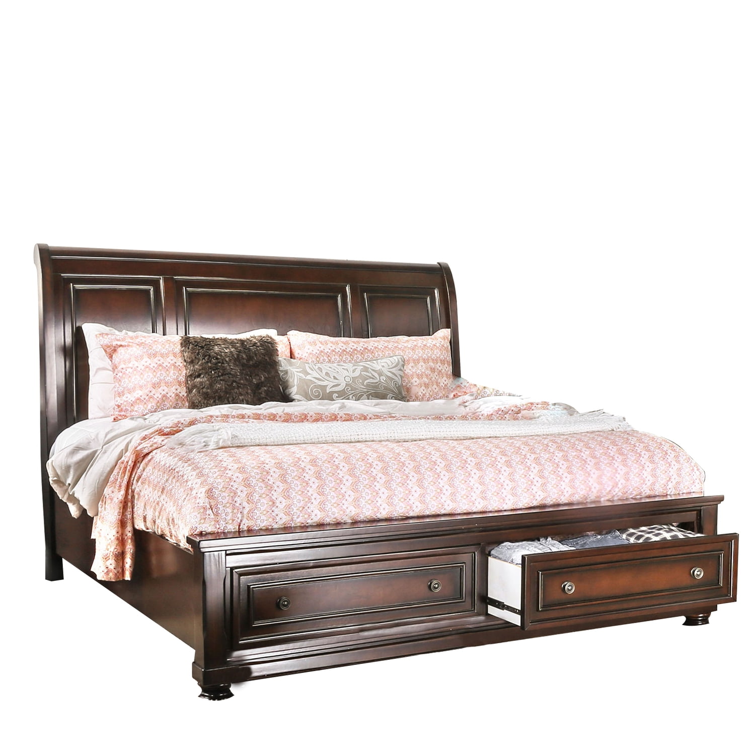 Benjara Transitional Queen Bed with Sleigh Headboard and 2 Drawers, Dark Cherry - Walmart.com