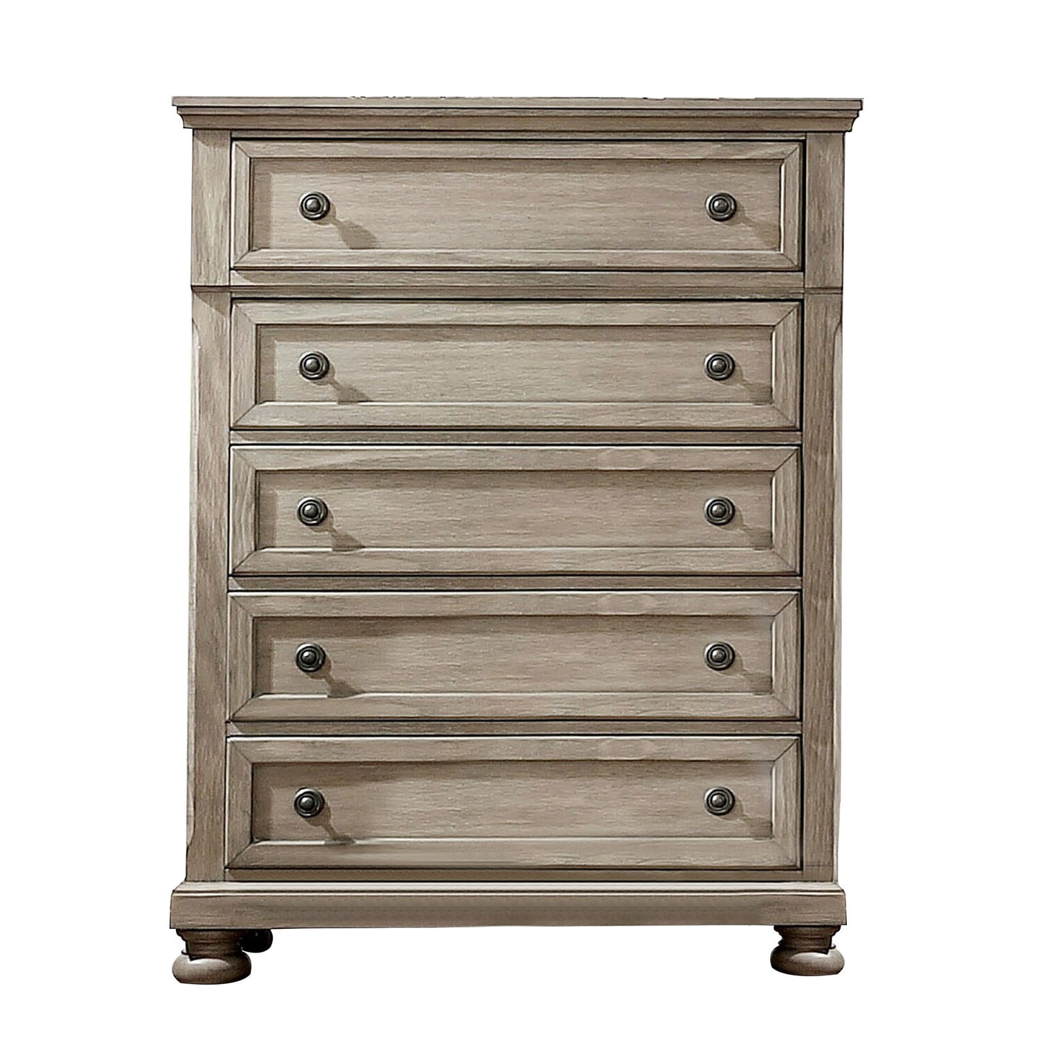 Benjara Transitional Wooden 5 Drawer Chest with Round Knob and Bun Feet ...