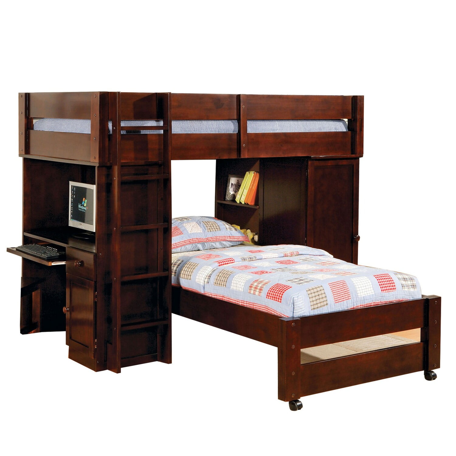 Benjara Twin over Twin Loft Bed with Inbuilt Computer Desk and Bookcase ...