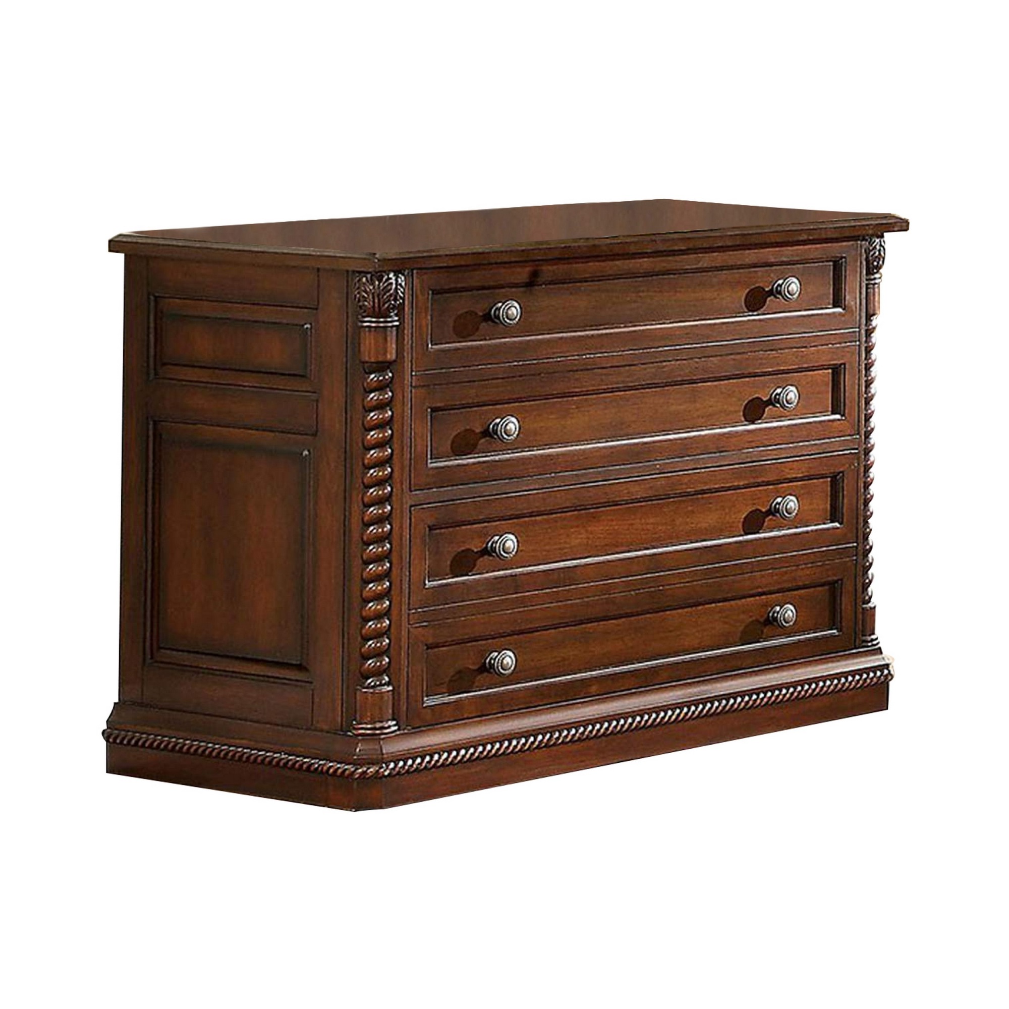 Tyra 41 Inch File Cabinet, Multiple Drawers, Spindles, Brown Solid Wood ...