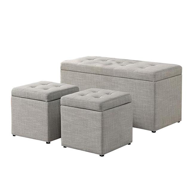 Benjara Uriel Storage Bench & 2 Nesting Ottomans, Light Gray & Beige ...