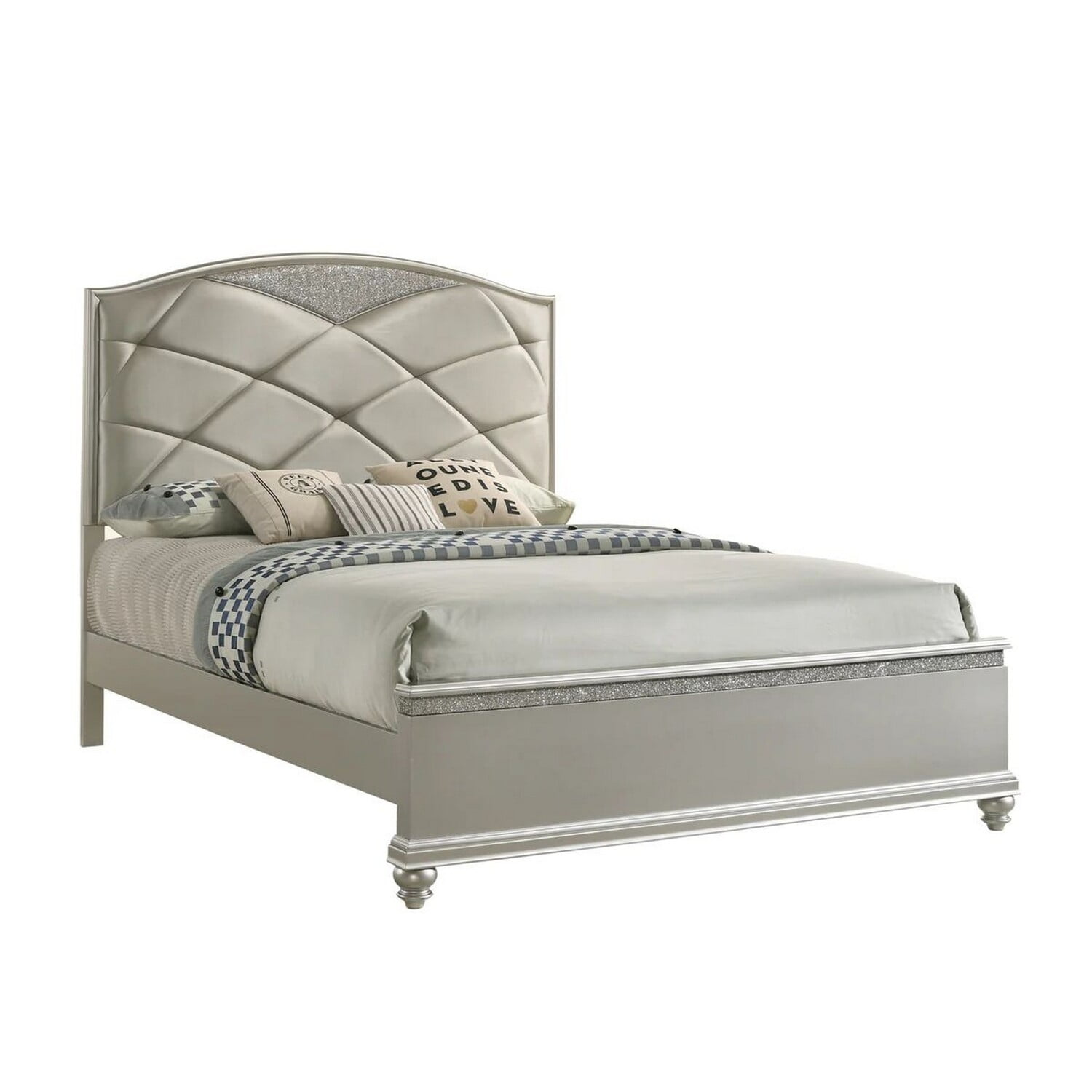 Benjara Vala Queen Bed, Faux Leather Headboard, Grid Tufted, Acrylic ...