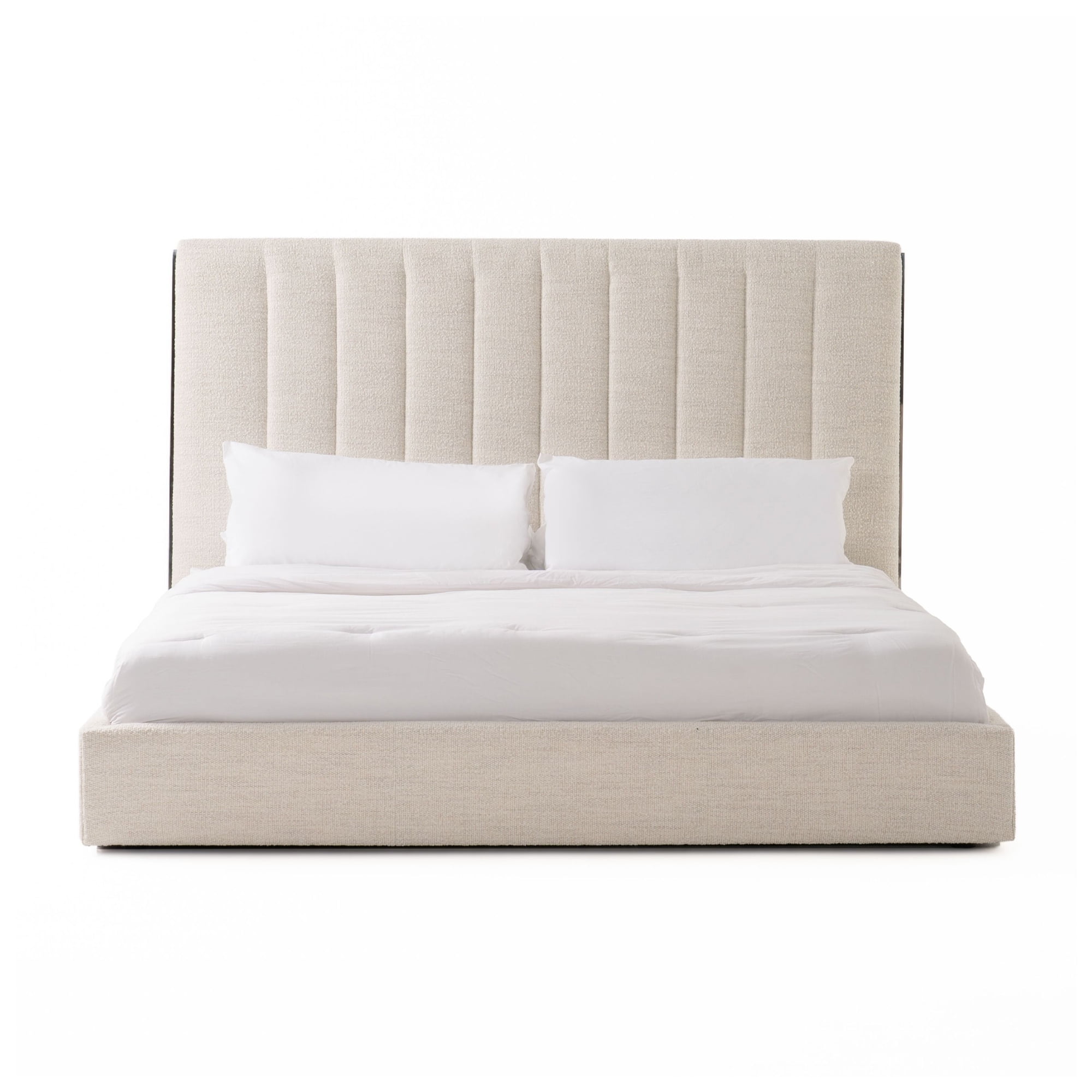 Valy Platform King Size Bed, Vertical Striped Tufted Ivory Upholstered ...
