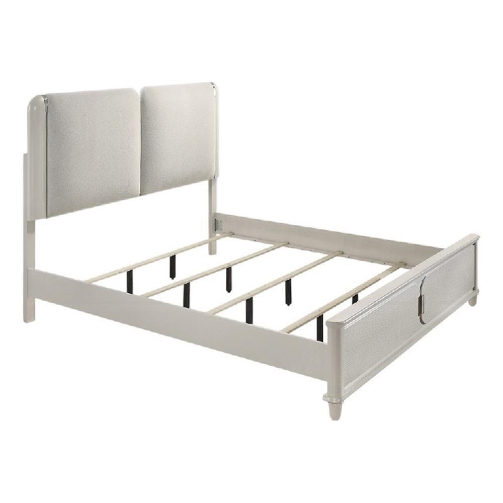 Veda Queen Size Bed with LED- Pearl White- Gray Boucle Upholstered ...