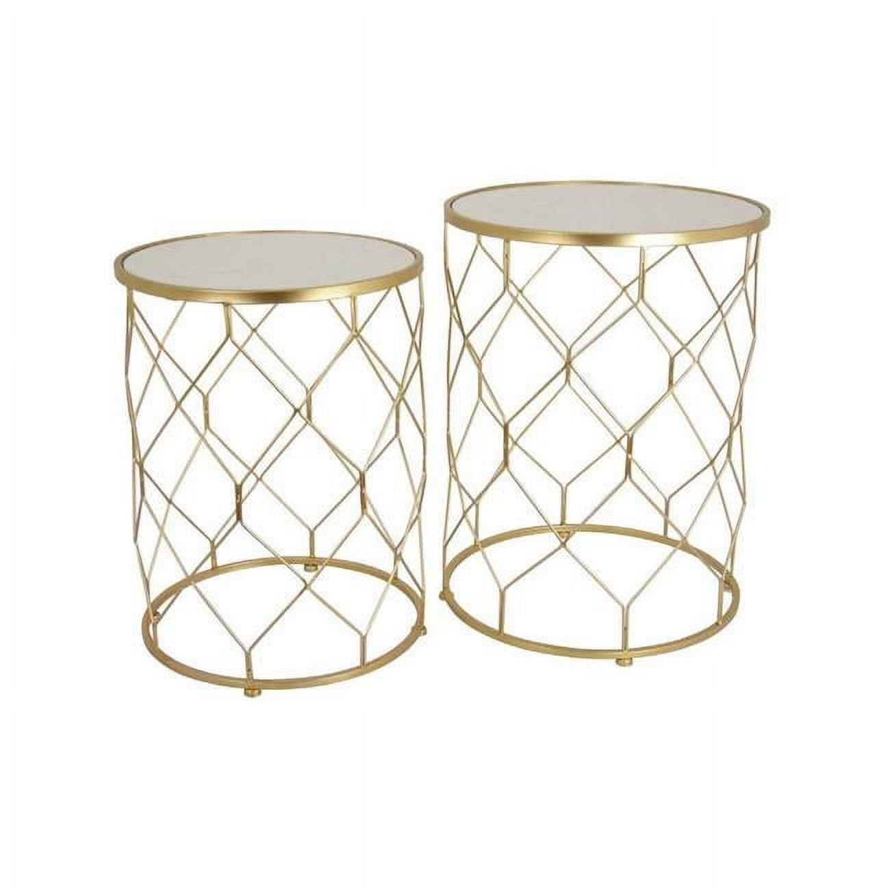 Teli Plant Stand Table Set of 2, Wavy Lattice, Round Marble Top, Gold ...